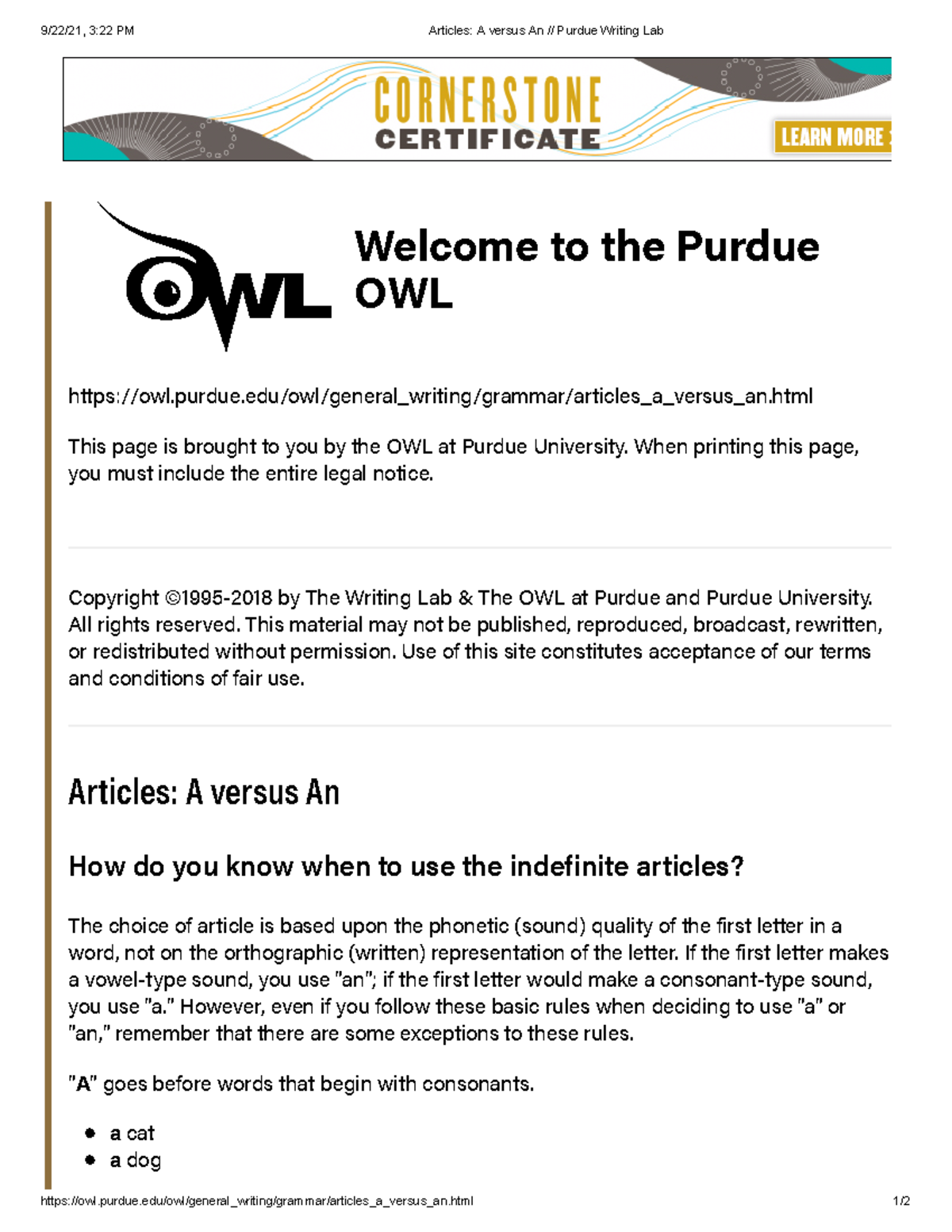 Articles A versus An Purdue Writing Lab - English Composition 1 - UMak ...