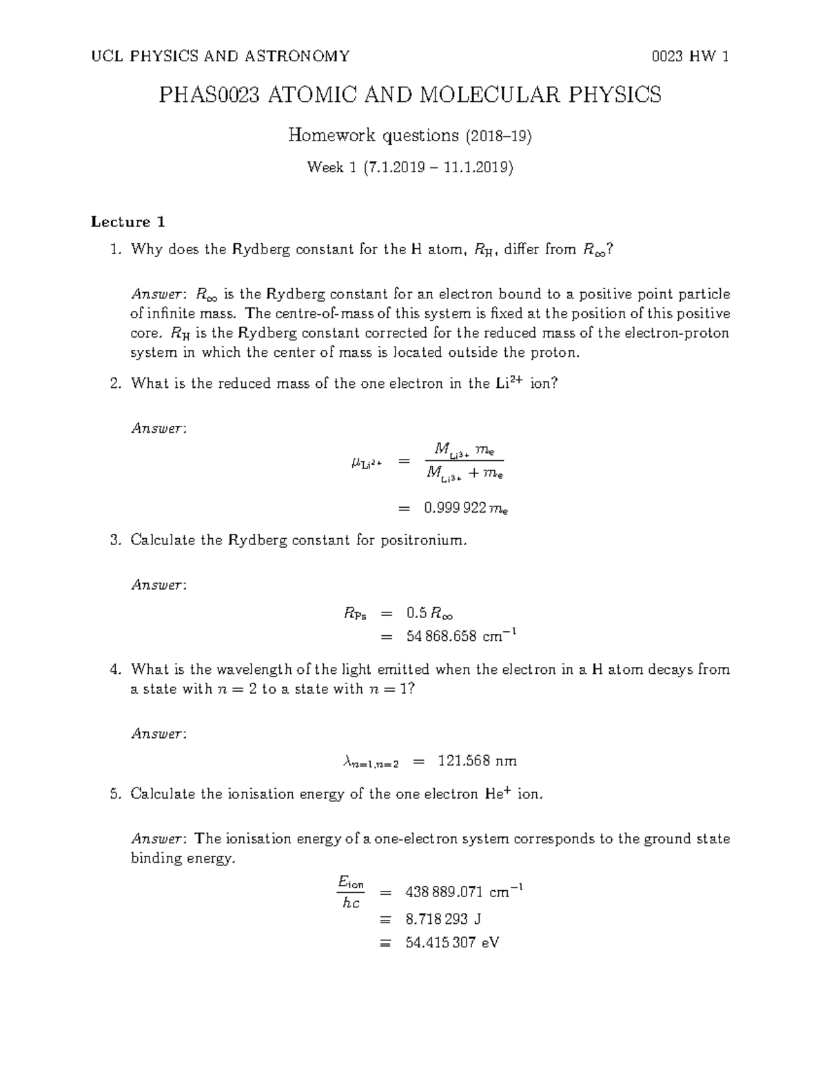 2B24 PHAS0023 hw1 - UCL PHYSICS AND ASTRONOMY 0023 HW 1 PHAS0023 ATOMIC ...