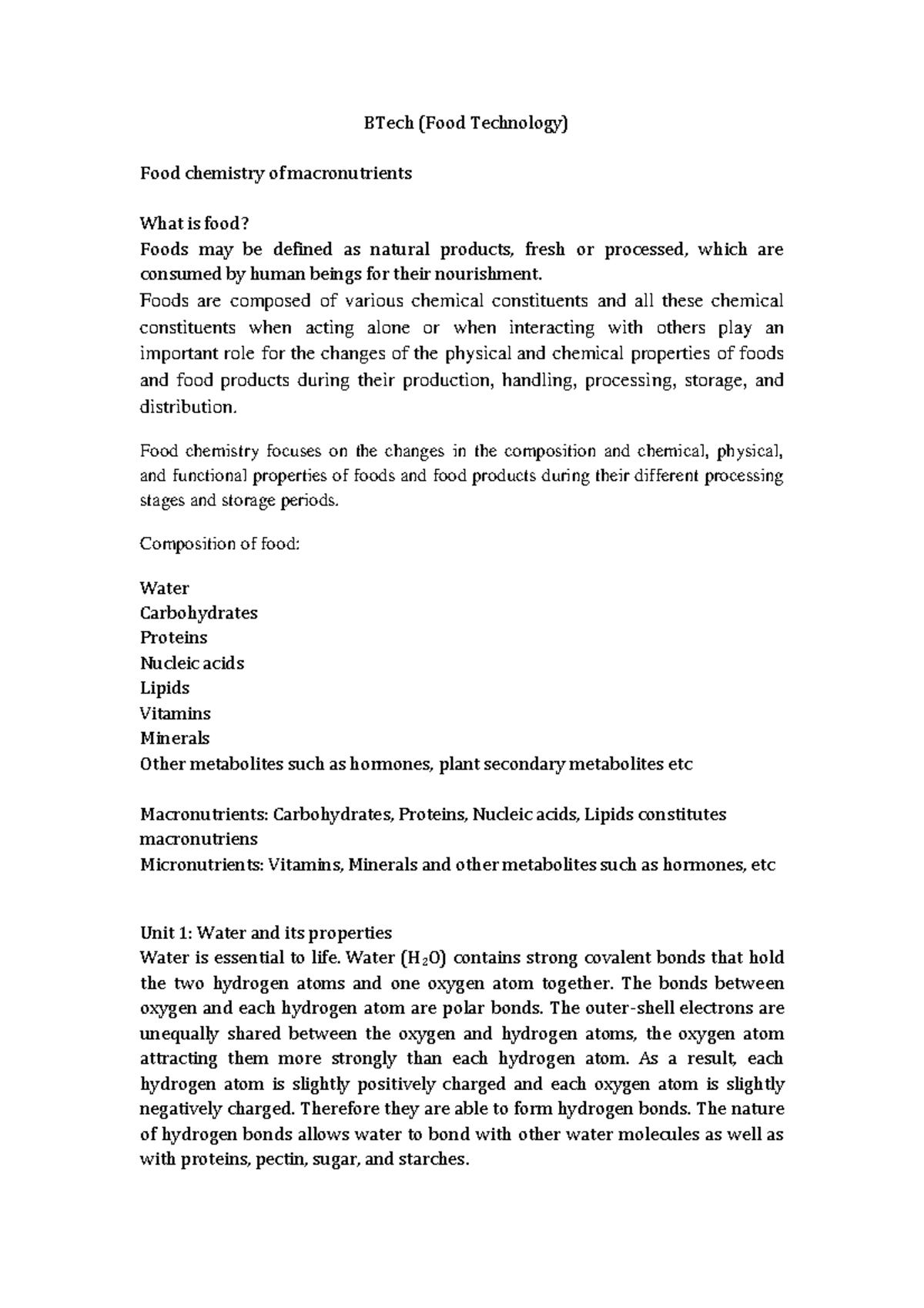 Biochemistry for food tech - BTech (Food Technology) Food chemistry of ...