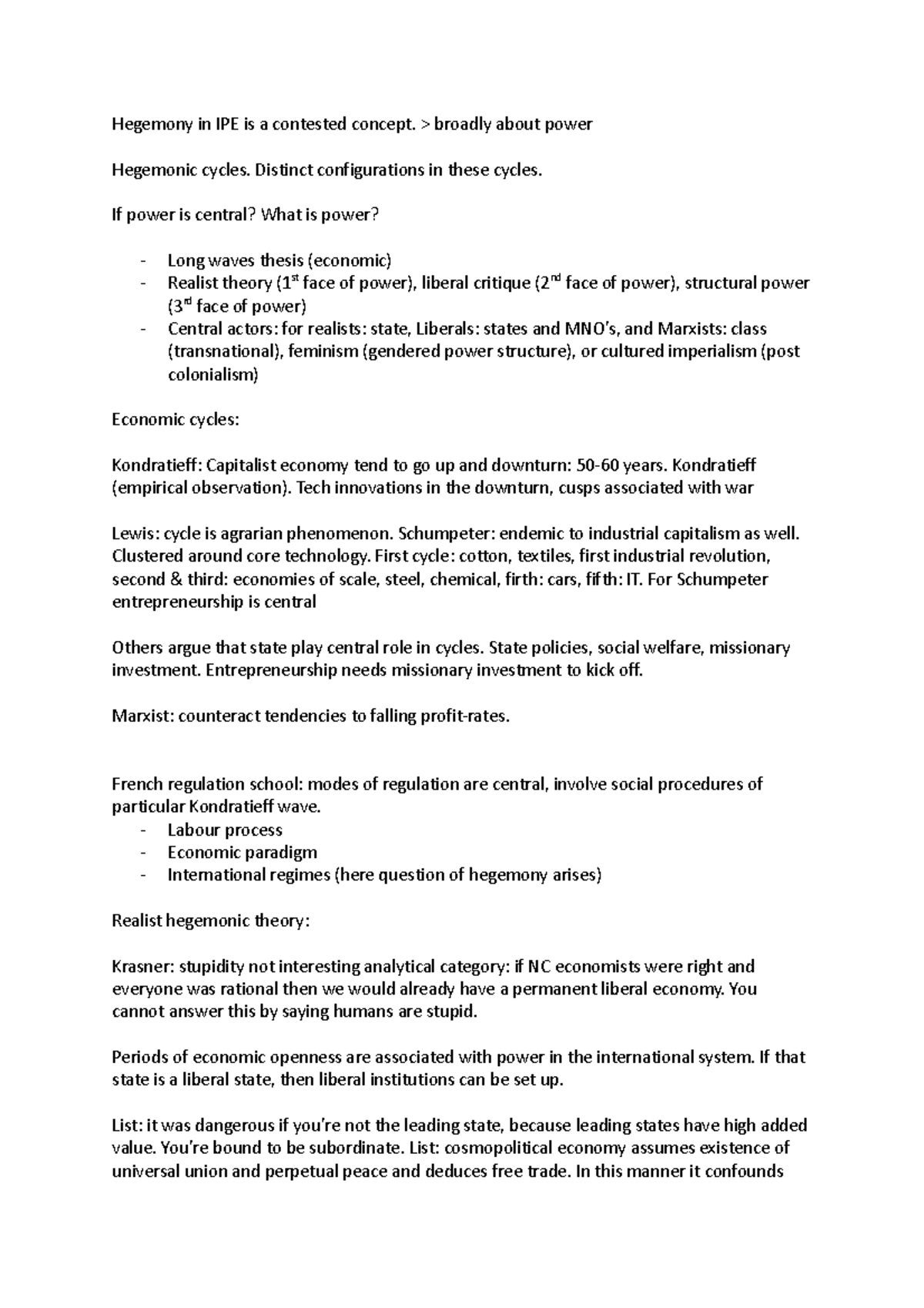 Notes IPE & FC - Hegemony in IPE is a contested concept. > broadly ...