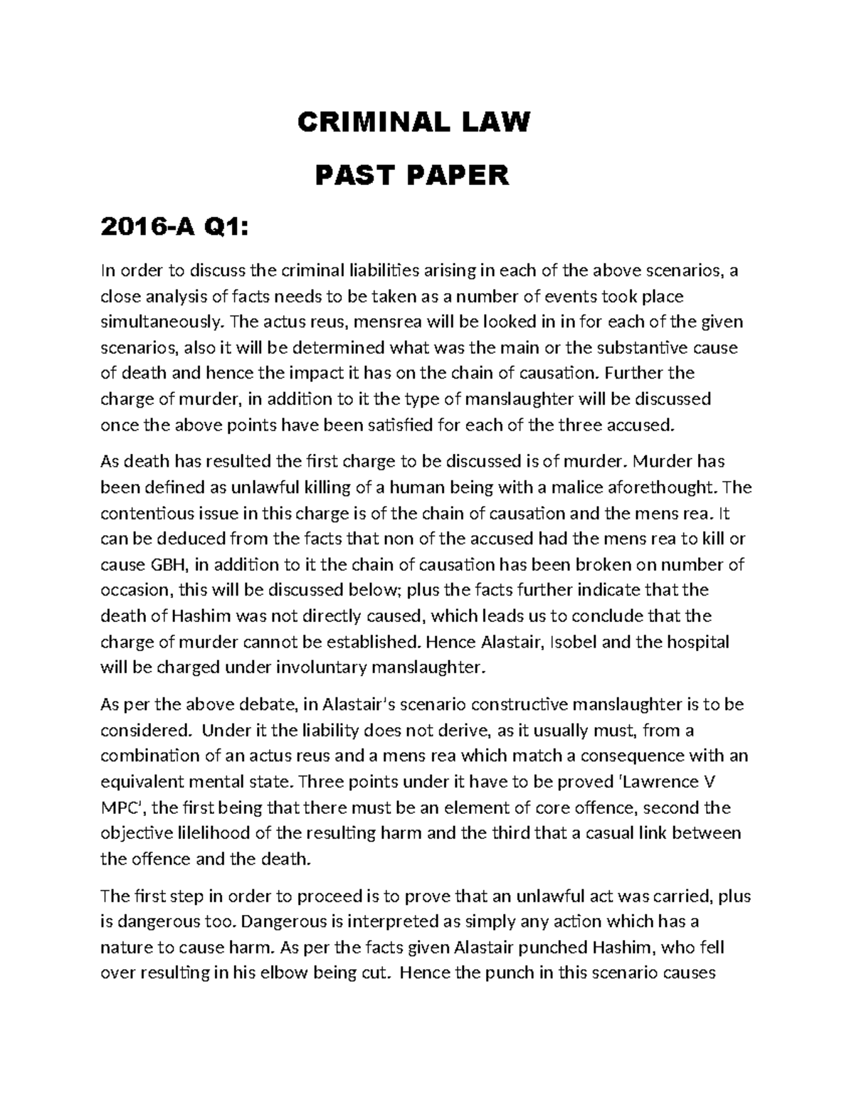 Criminal LAW 2016 A Q1 - CRIMINAL LAW PAST PAPER 2016-A Q1: In order to ...