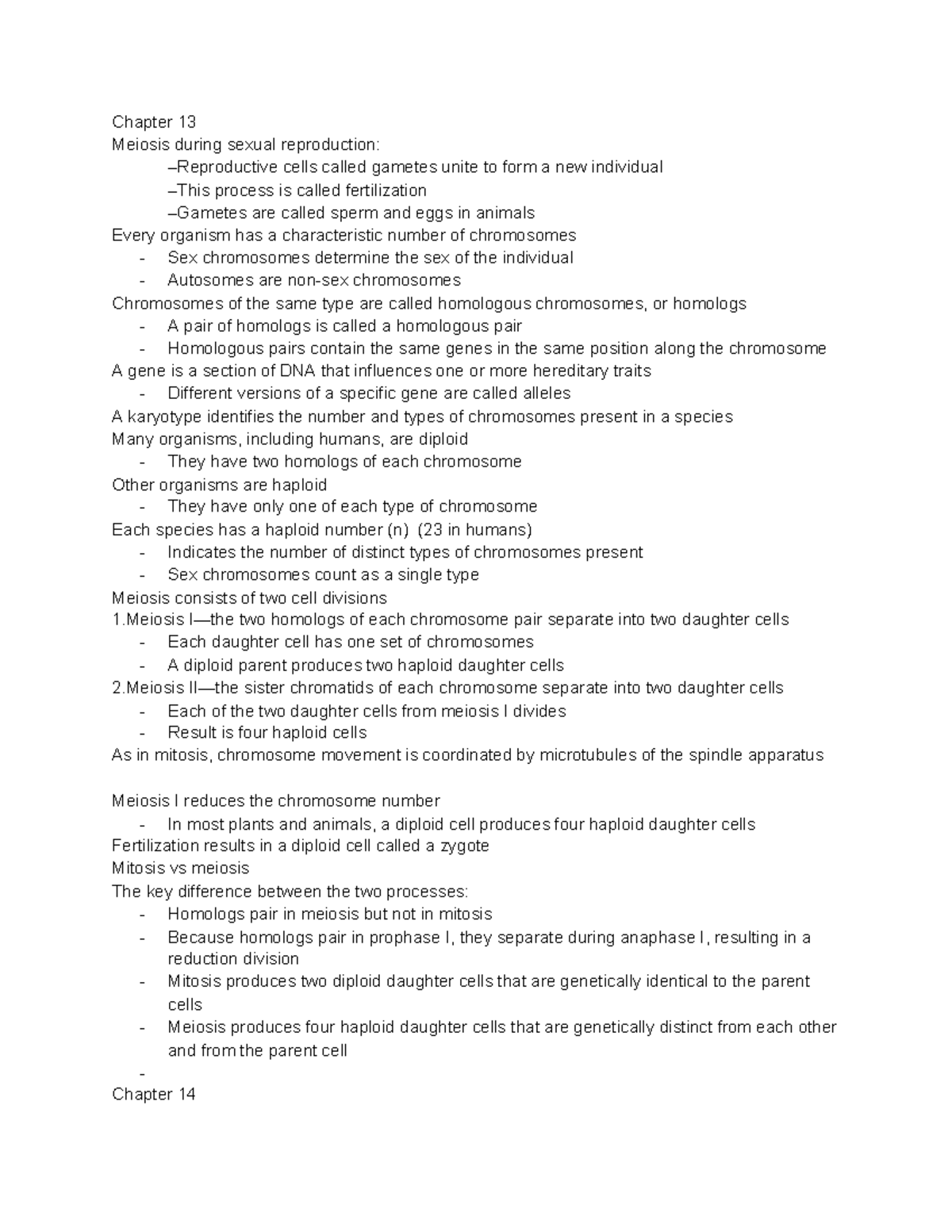 Biology notes final - Chapter 13 Meiosis during sexual reproduction ...