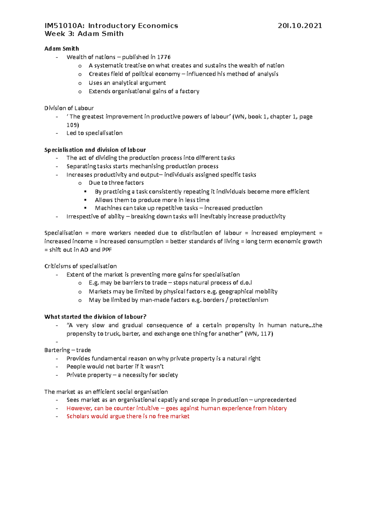 Week 3 Adam Smith - notes - IM51010A: Introductory Economics 20l. Week ...