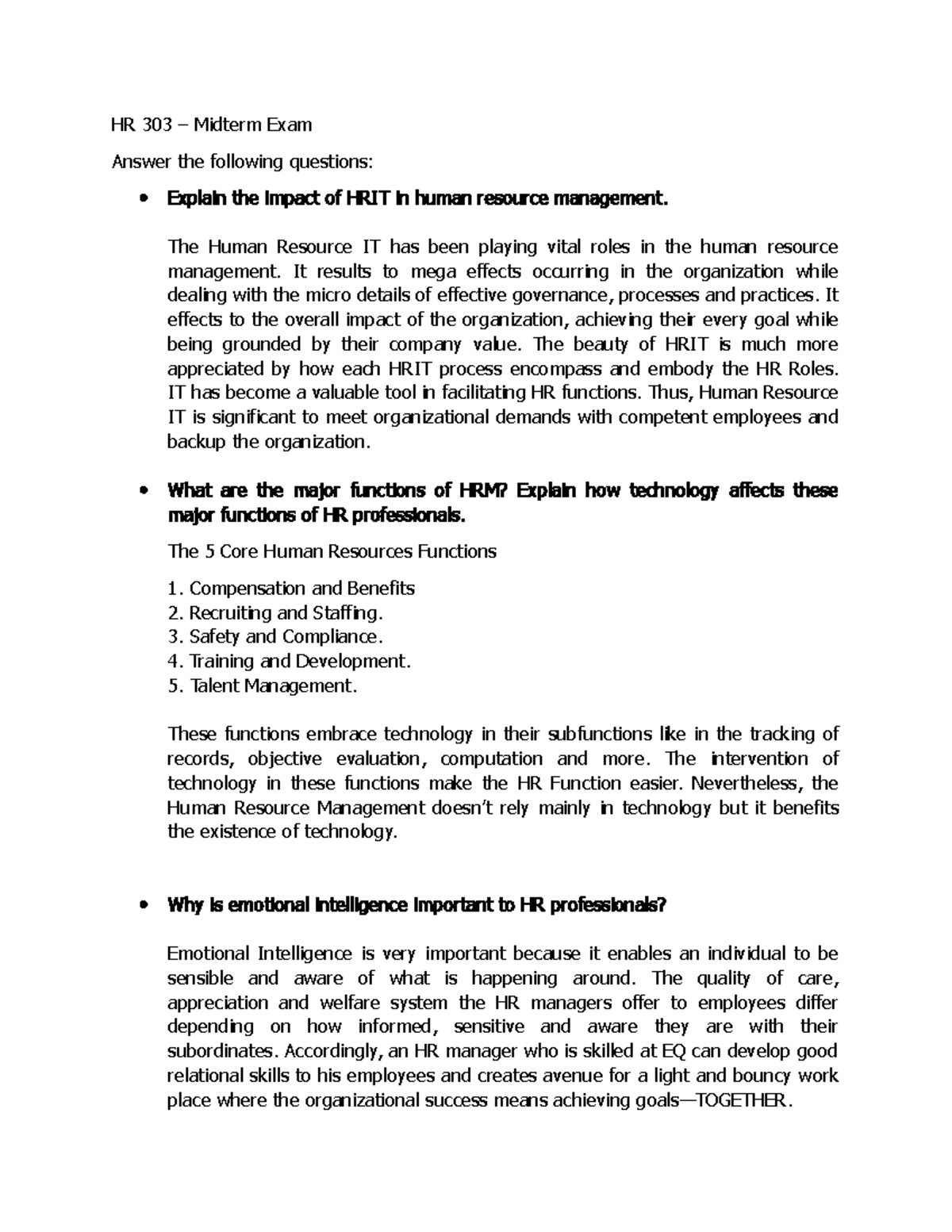 HR 303 Midterm Exam - An exam. - HR 303 – Midterm Exam Answer the ...