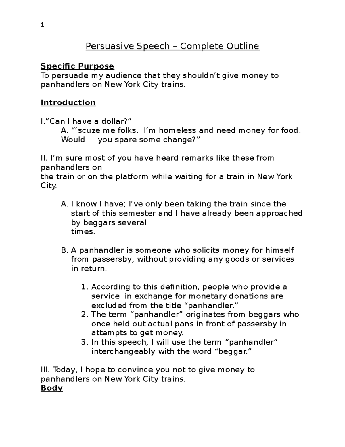 CT PV Sp- Train Beggars - Persuasive Speech – Complete Outline Specific ...