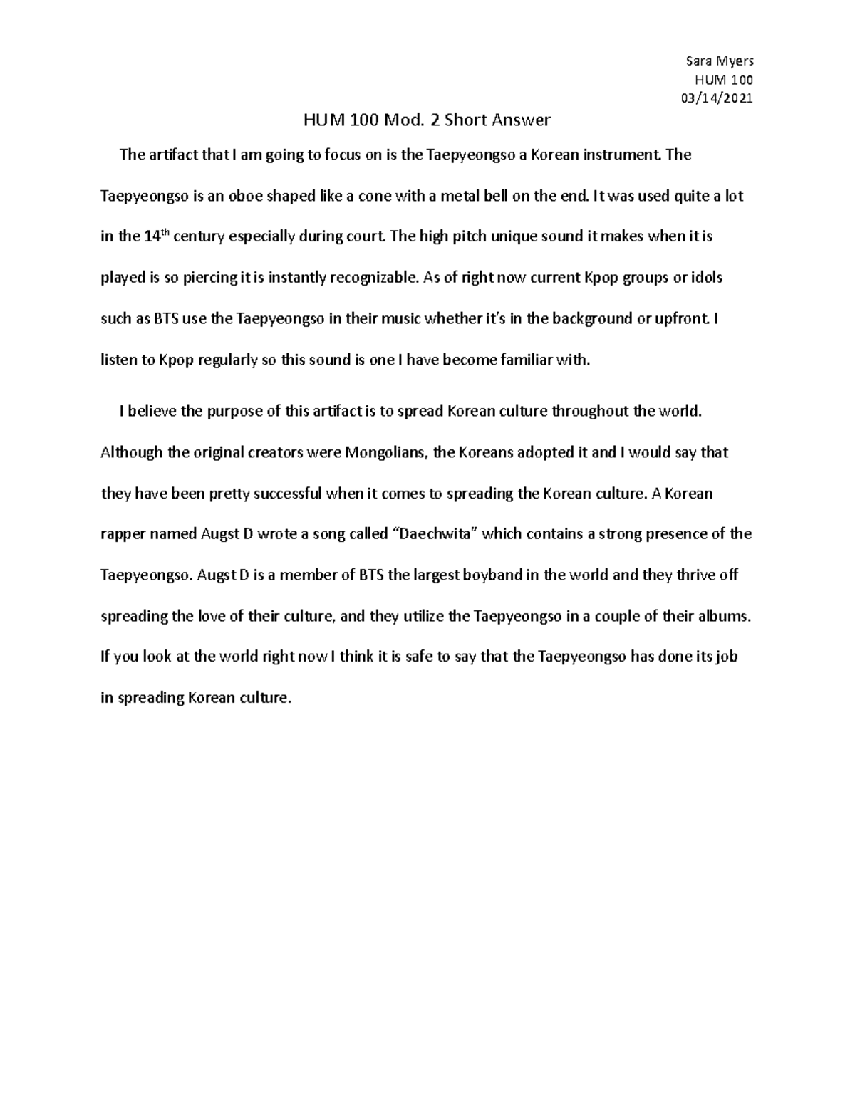 HUM 100 Module 2 Short Answer - Sara MyersHUM 100 03/14/ HUM 100 Mod. 2 ...