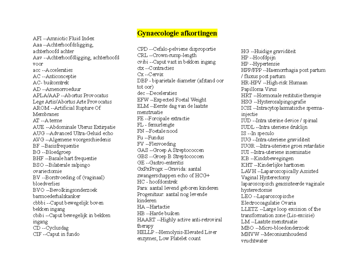 Gynaecologie afkortingen - AFI -Amniotic Fluid Index Aaa ...