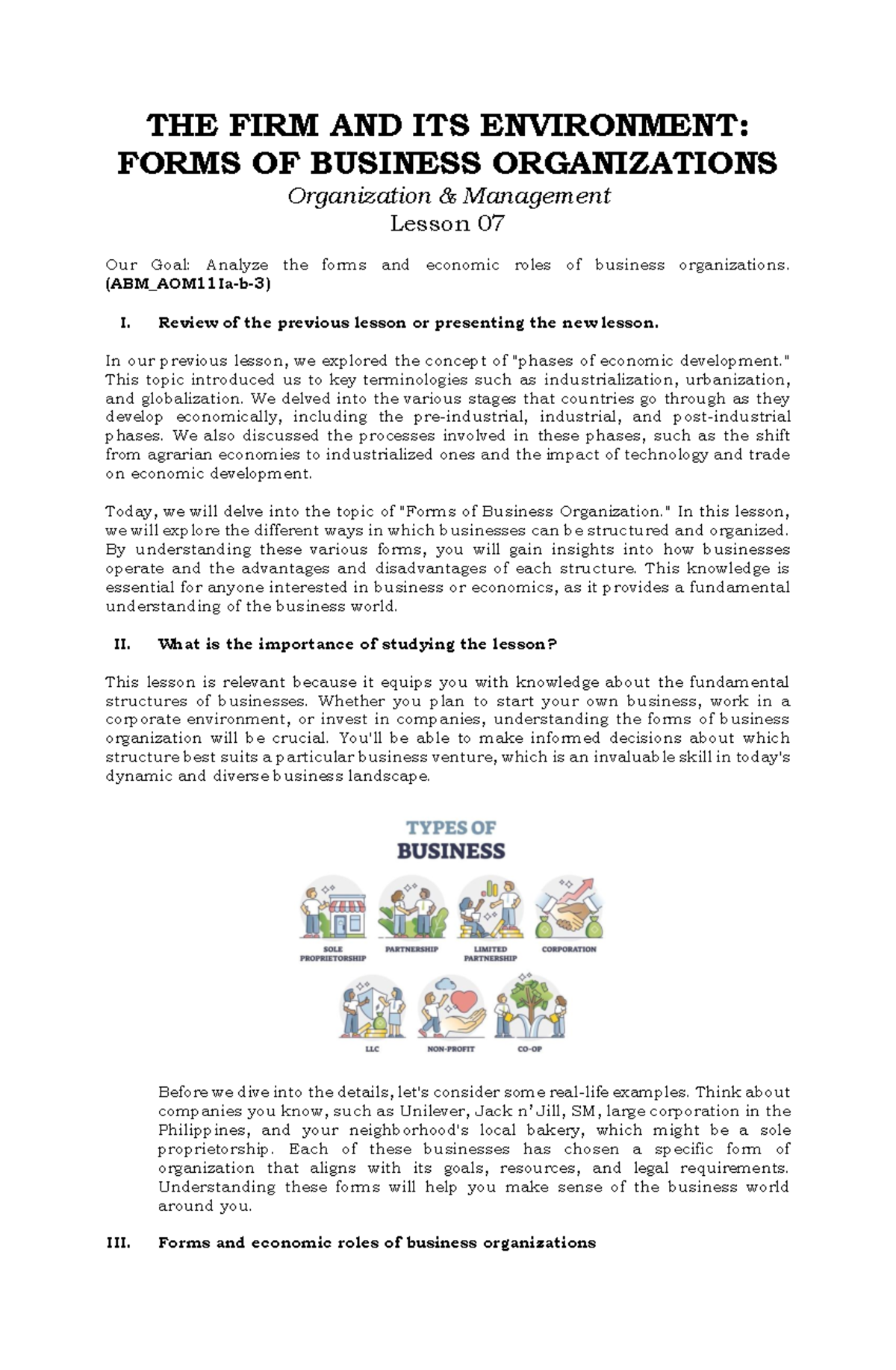 Org. & Mgt. Lesson 07 Worksheet - THE FIRM AND ITS ENVIRONMENT: FORMS ...