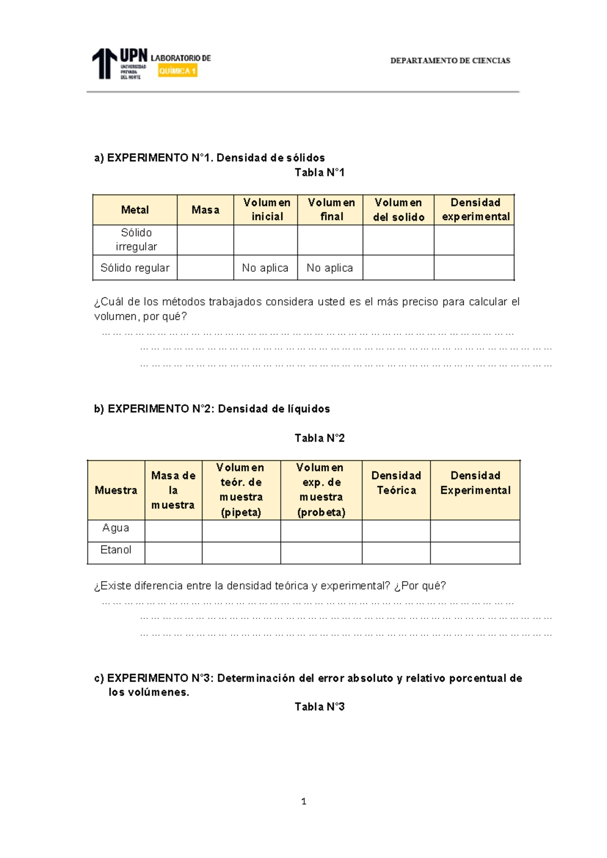 Abance DE Laboratorio - a) EXPERIMENTO N°1. Densidad de sólidos Tabla N ...