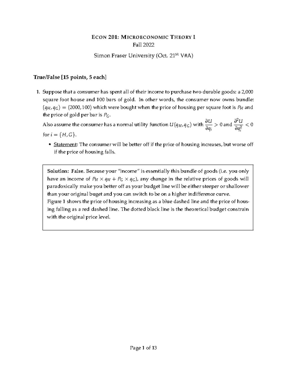 Econ201 MT A F2022 - Exam prep questions - ECON 201: MICROECONOMIC THEORY I Fall 2022 Simon ...