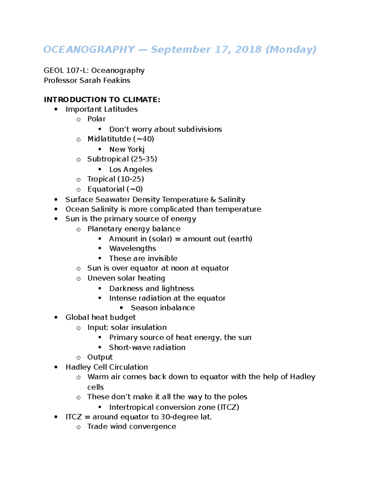 GEOL 107 9.17.18 - OCEANOGRAPHY — September 17, 2018 (Monday) GEOL 107-L: Oceanography Professor ...
