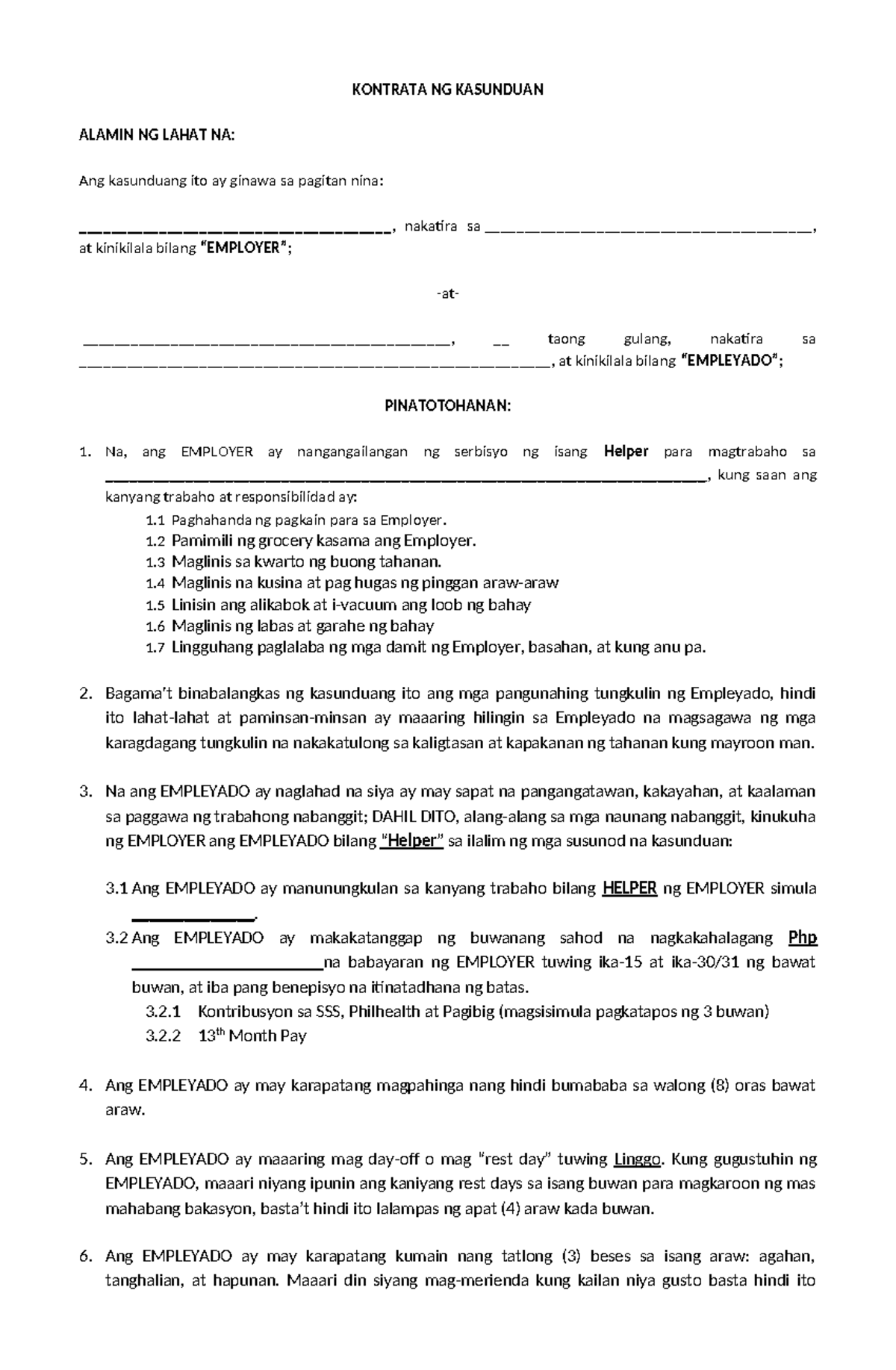 KONTRATA NG KASUNDUAN SA HELPER SAMPLE - KONTRATA NG KASUNDUAN ALAMIN ...