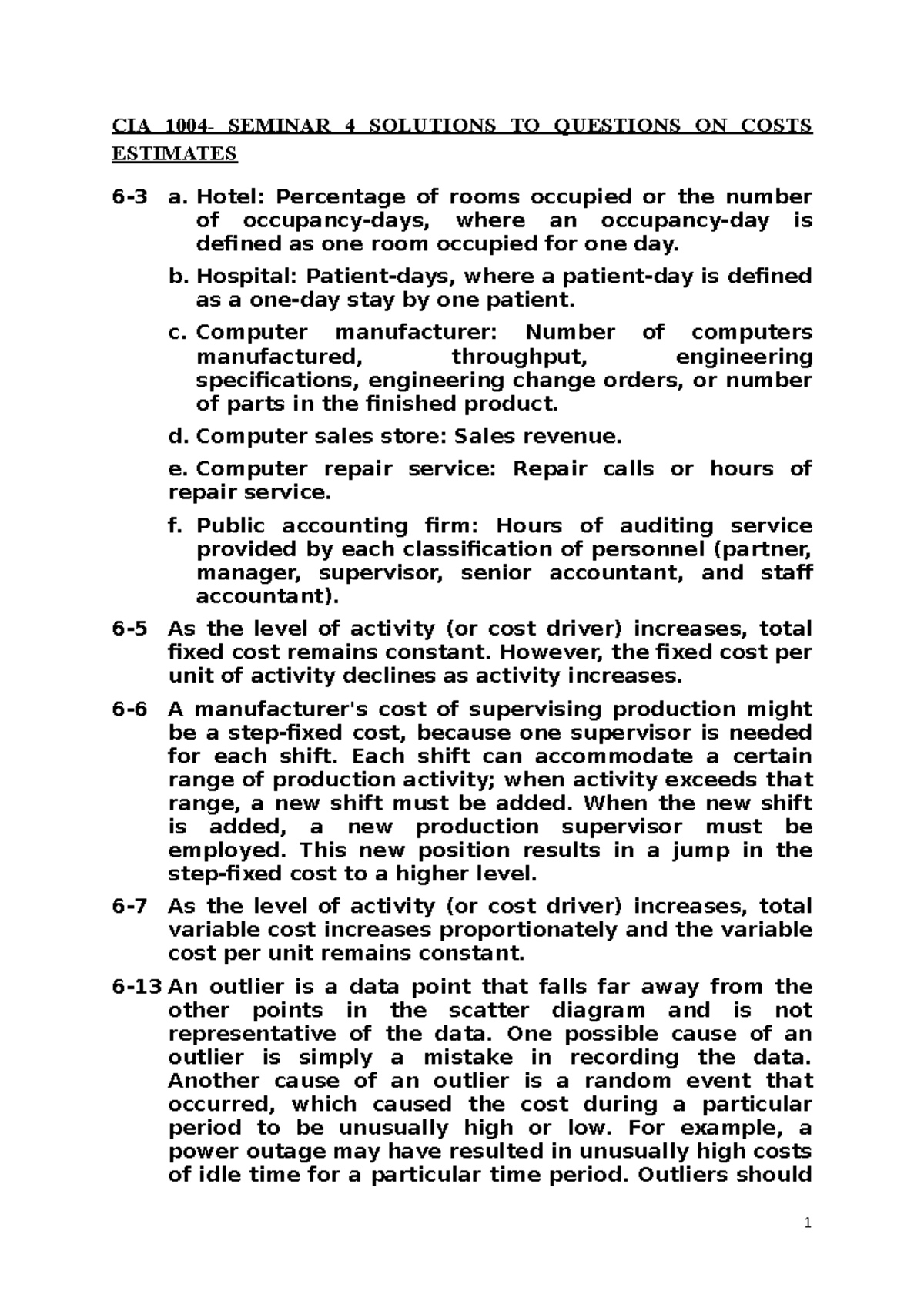CIA1004- Solutions FOR Seminar 3 Questions ON COST Estimates - CIA 1004 ...