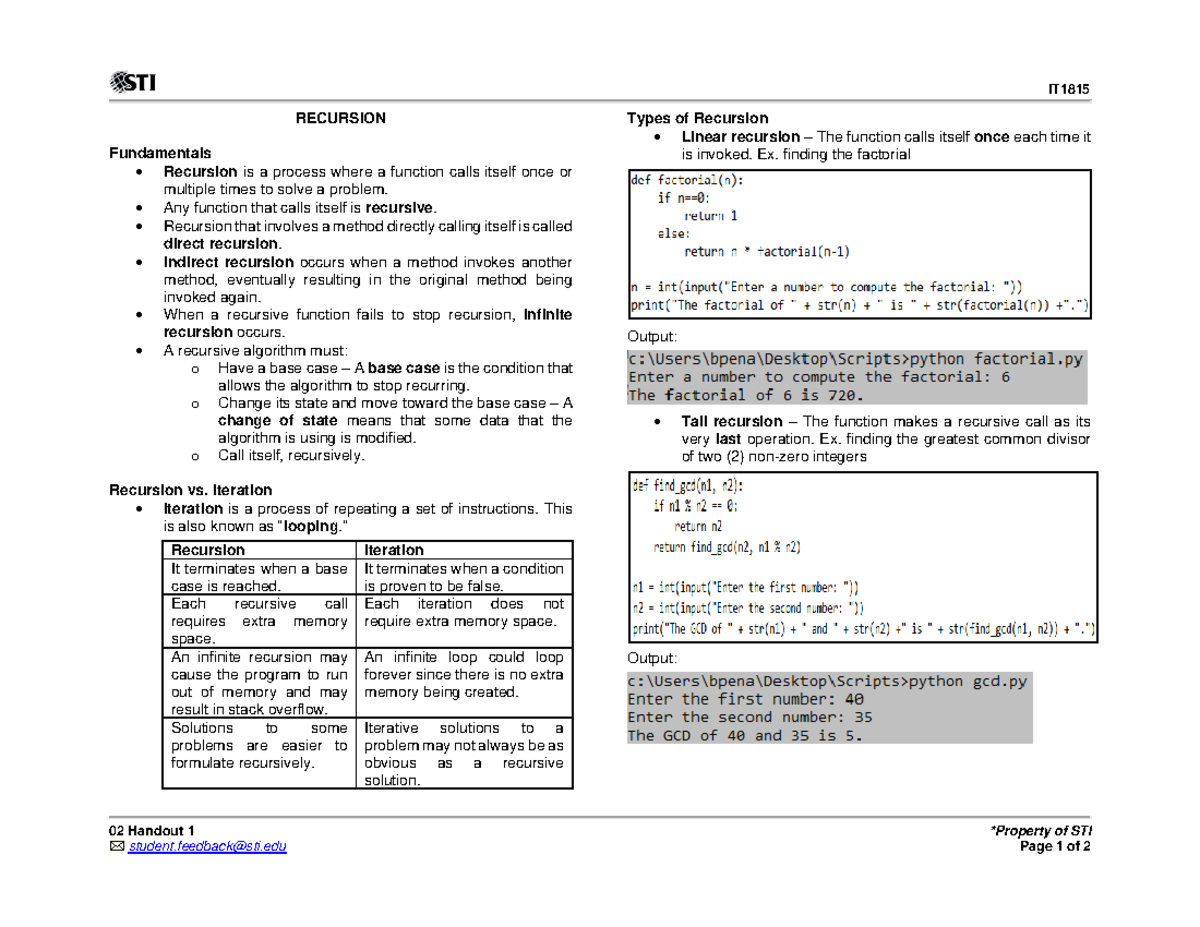 Dts - DFE - IT 02 Handout 1 *Property of STI student@sti Page 1 of 2 RECURSION Fundamentals ...