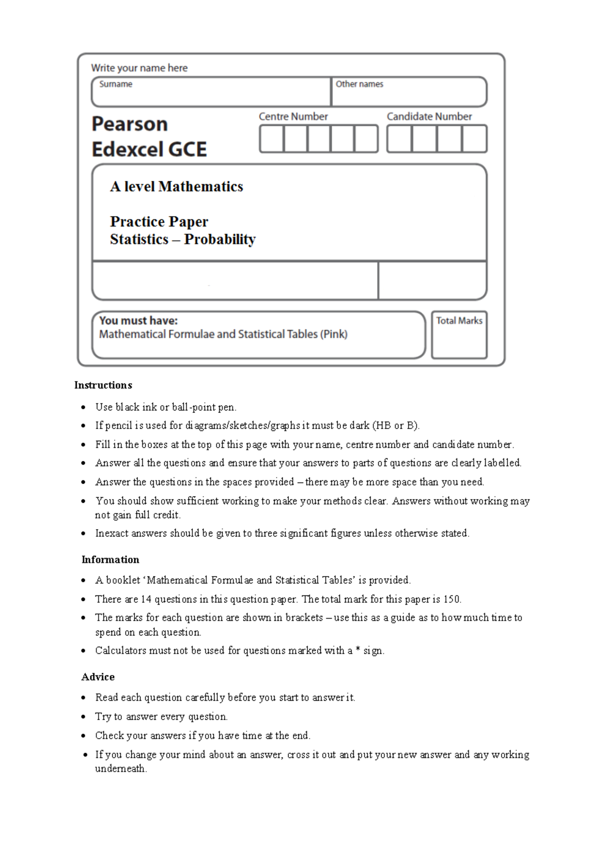 A level Mathematics Practice Paper Probability 2 - Instructions - Use ...