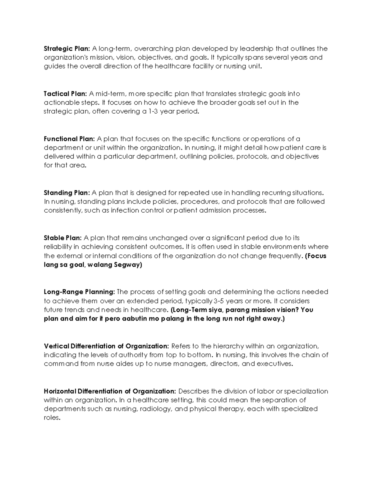 Nursing Leadership and Management Reviewer - Strategic Plan: A long ...