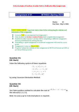 MTH603 Midterm Solved MCQS By Junaid - While solving a system of liner equation, which of the ...