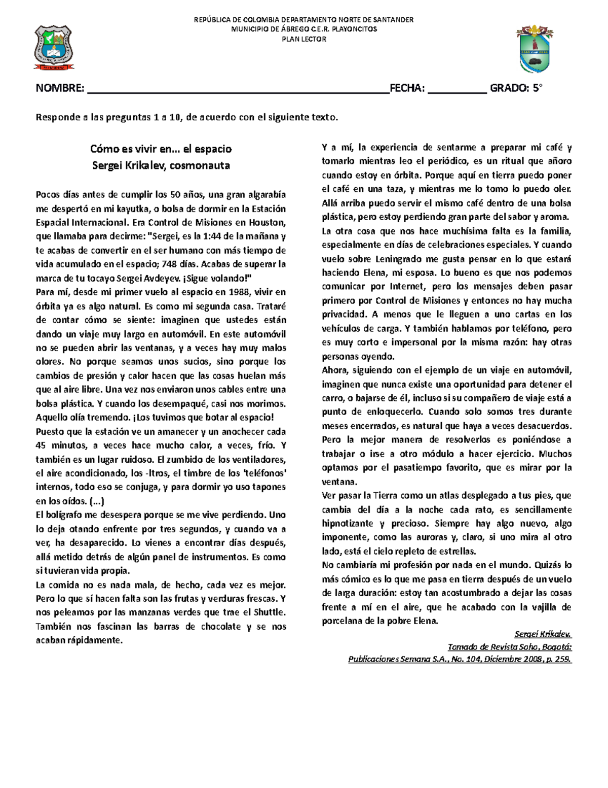 5°PLAN Lector 2 Periodo Humanidades - REPÚBLICA DE COLOMBIA ...