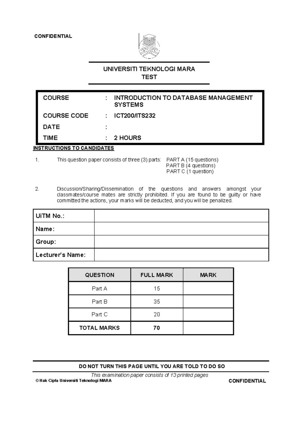 ICT200 Sample TEST Question - DO NOT TURN THIS PAGE UNTIL YOU ARE TOLD ...