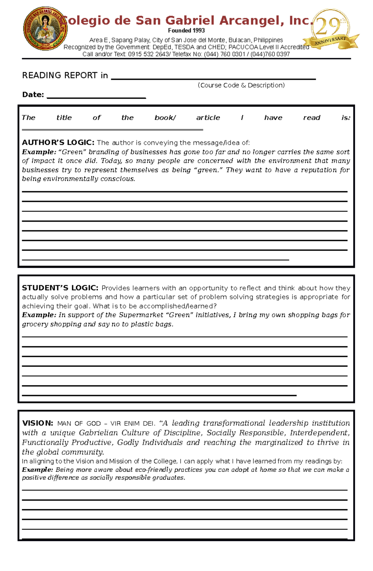 Reading Report AND Learning Diary - Colegio de San Gabriel Arcangel ...