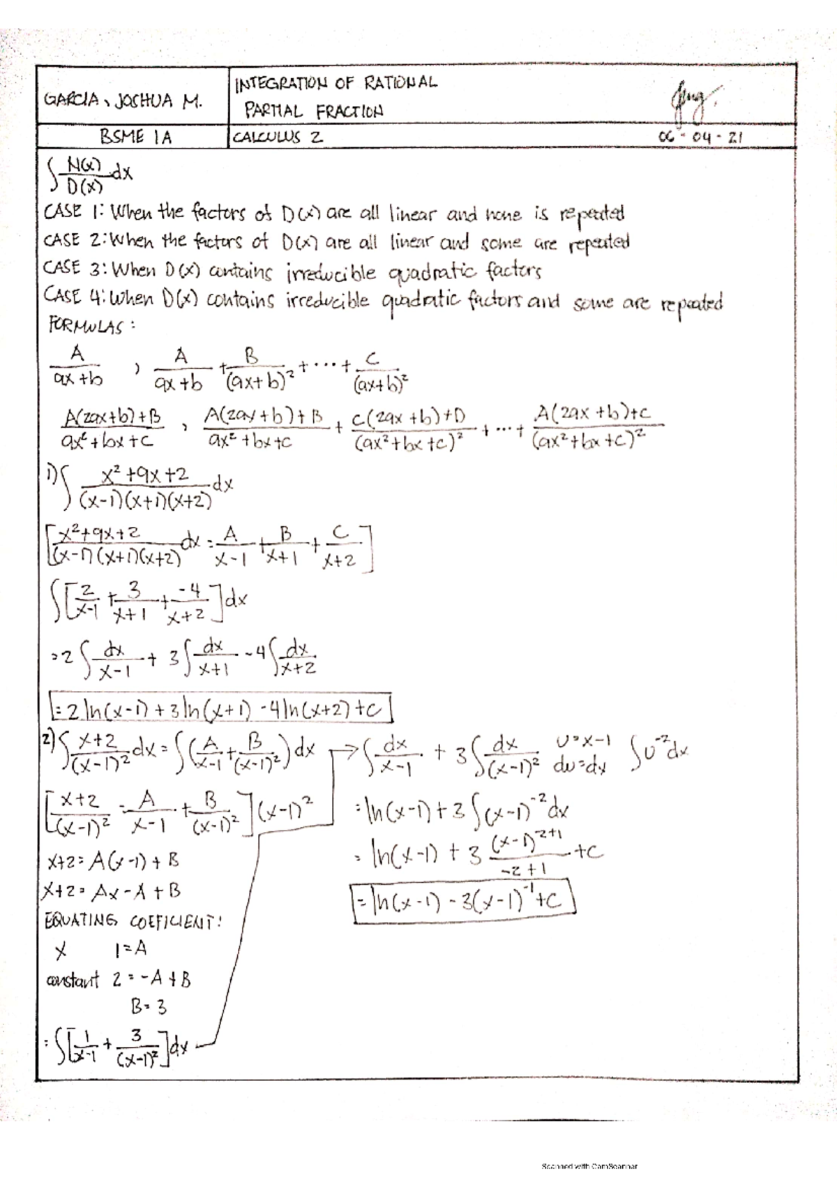 Integration of rational partial fraction - Calculus 1 - PangSU - Studocu