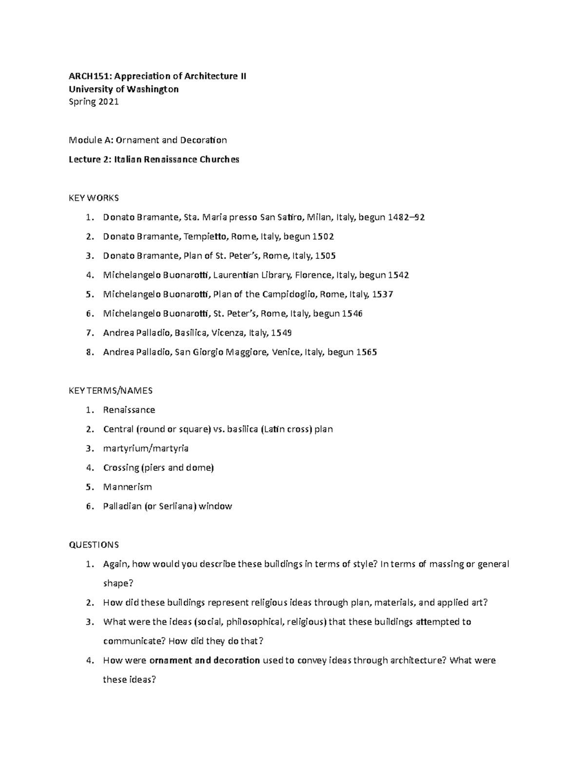 ARCH151 sp21 lecture notes 2 - ARCH151: Appreciation of Architecture II ...