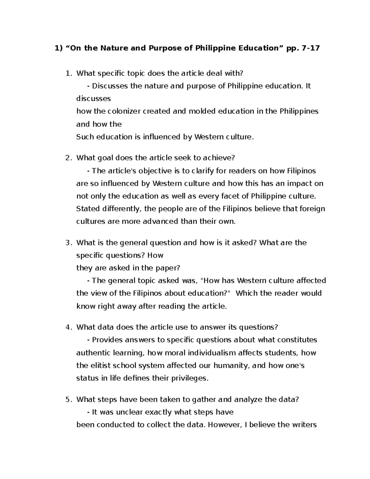 On the Nature and Purpose of Philippine Education - 7- What specific ...