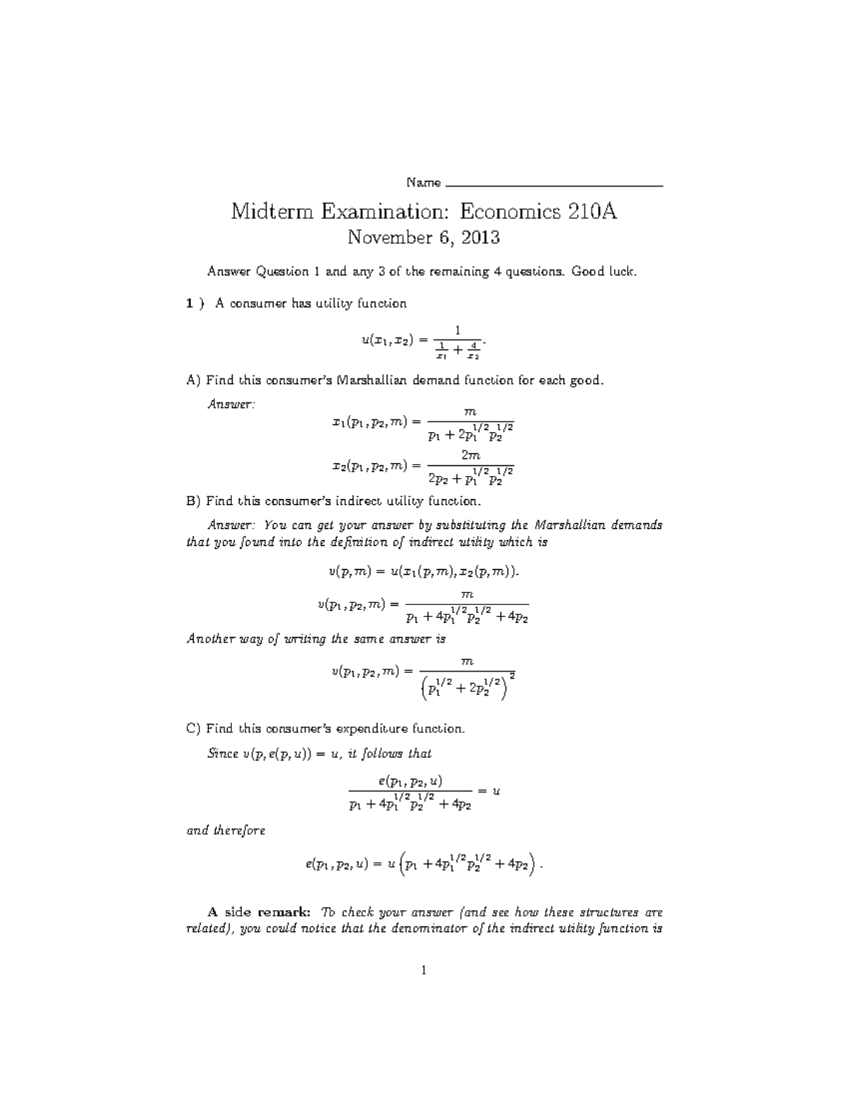 Midterm exam answers - Name Midterm Examination: Economics 210A ...