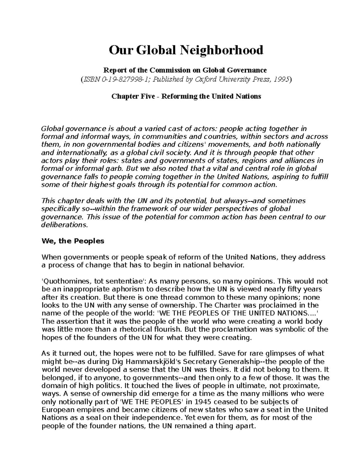 Our Global Neighborhood (homework) - Our Global Neighborhood Report of ...