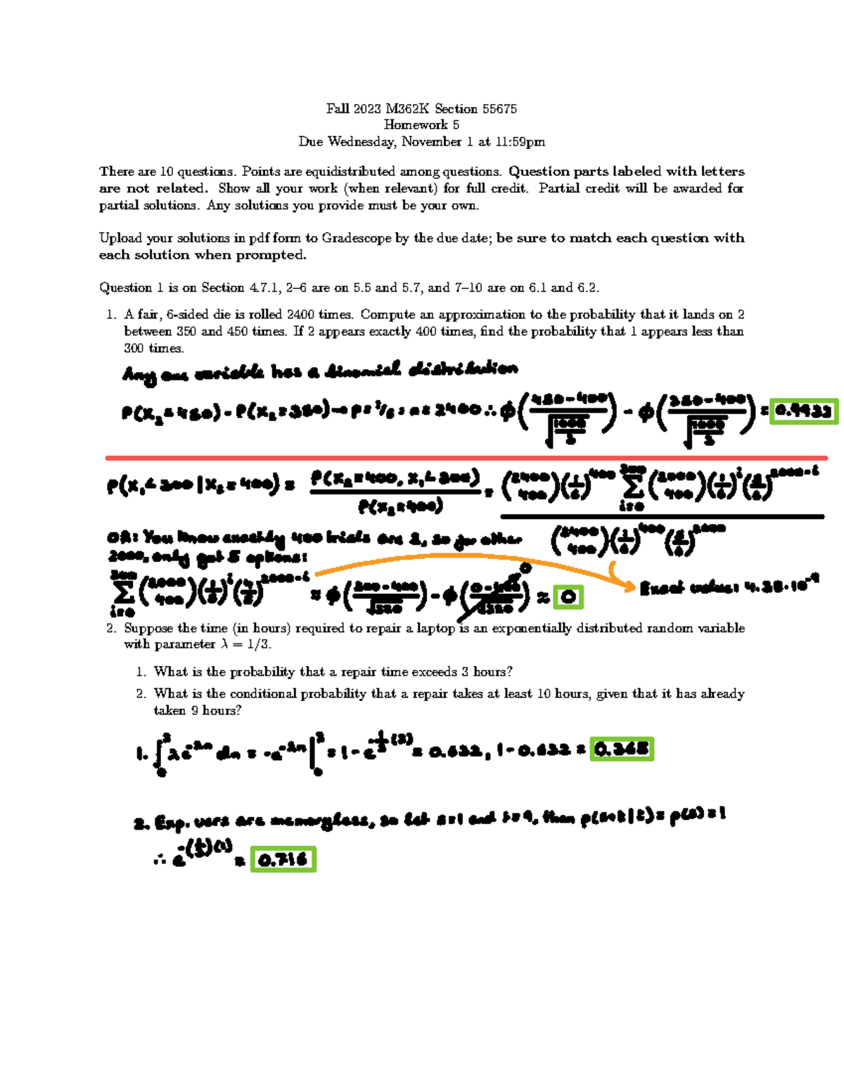M362K-HW5 - Homework 5 answers - Fall 2023 M362K Section 55675 Homework 5 Due Wednesday ...