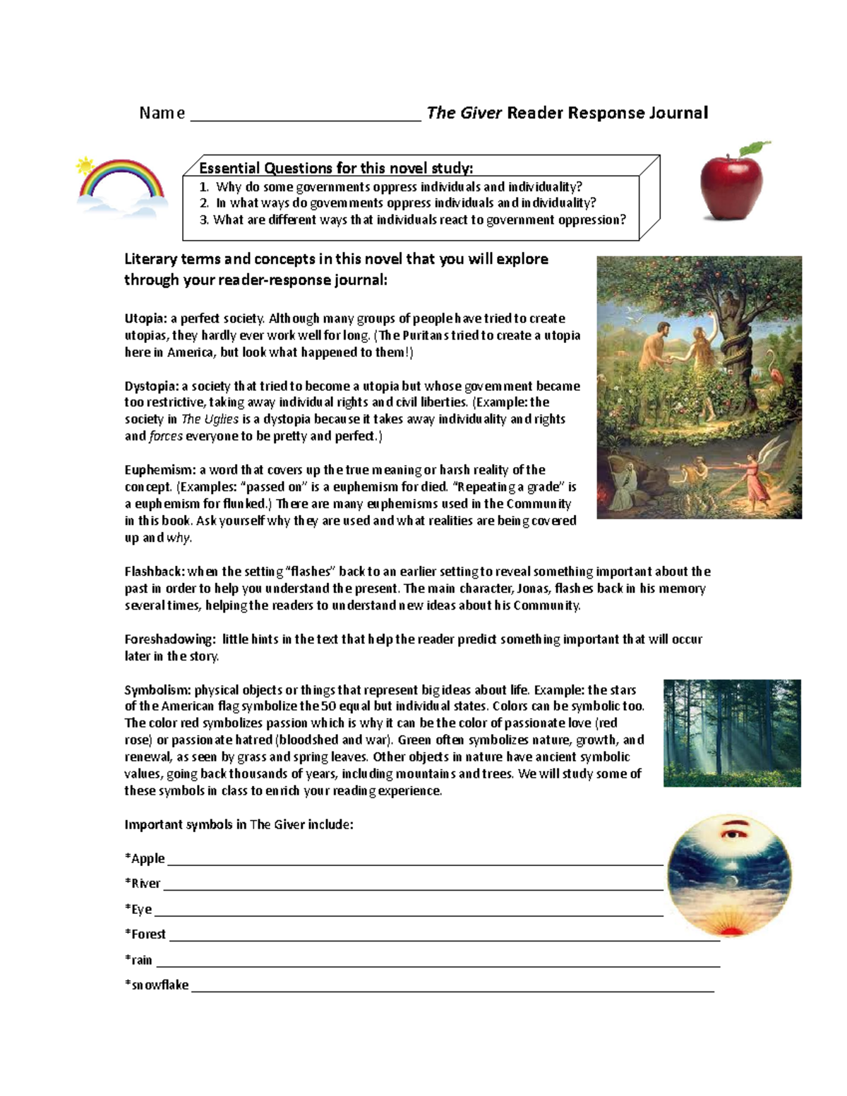 The Giver reader response journal Revised - Name ...