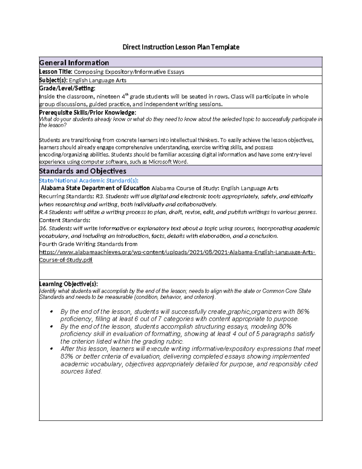 Direct Instruction Lesson Plan - Class will participate in whole group ...