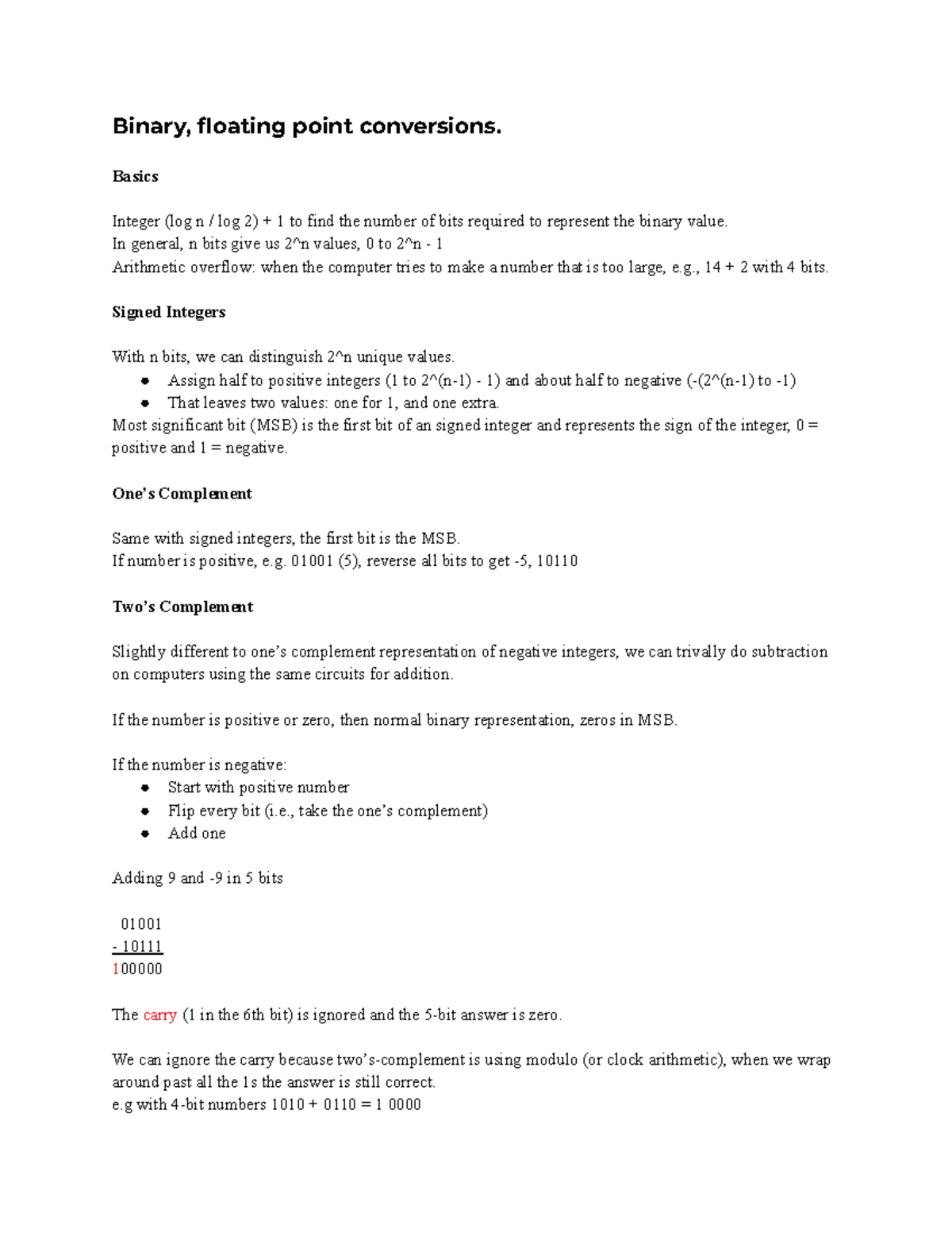 Compsci 110 Full Condensed Notes - Binary, floating point conversions ...