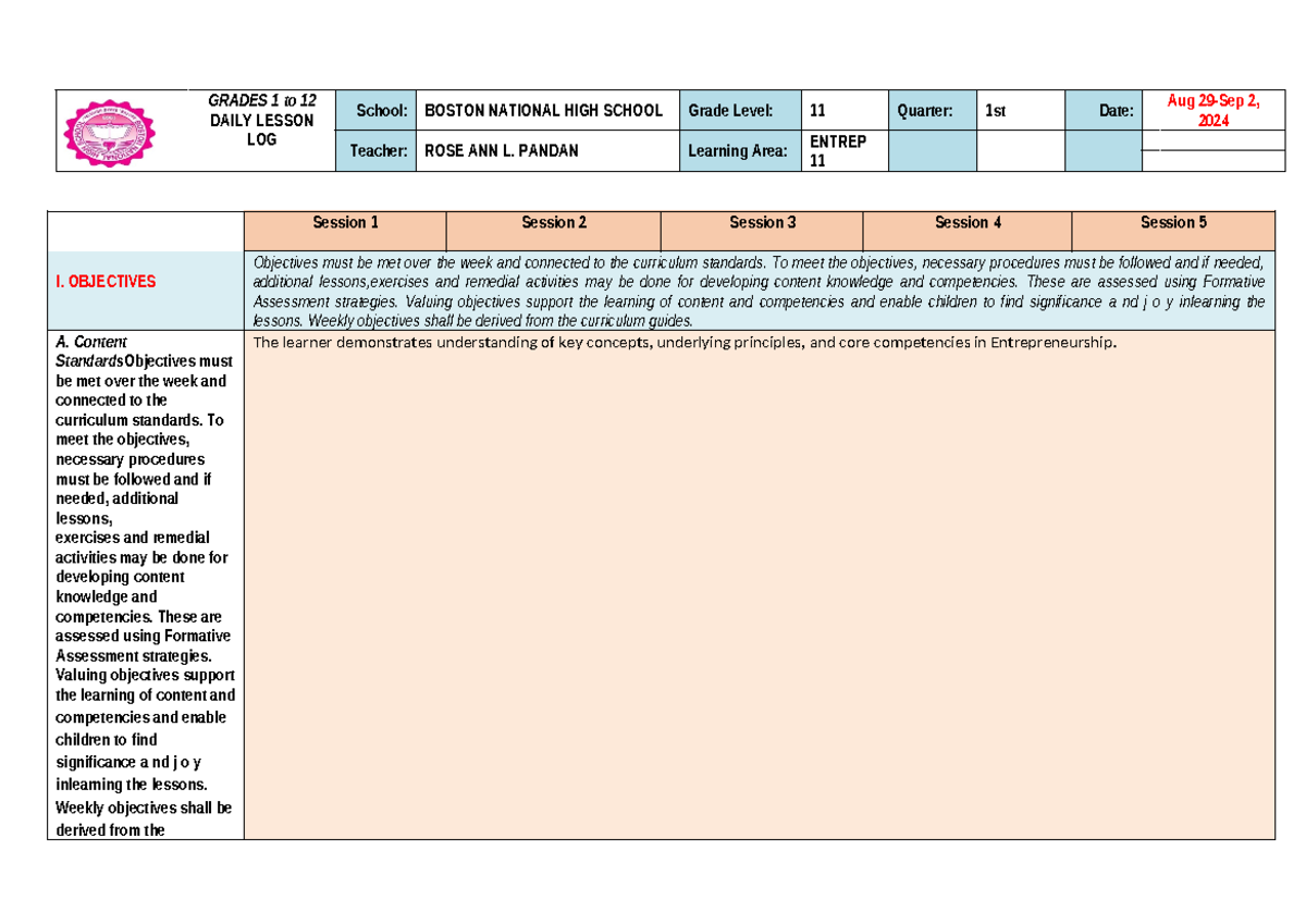 WEEK 1 entrep DLL - GRADES 1 to 12 DAILY LESSON LOG School: BOSTON ...