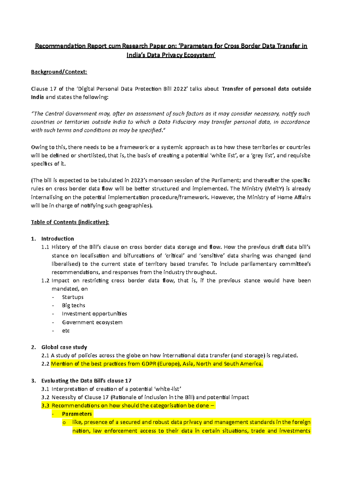 Cross Border Data Transfer paper TOC - Recommendation Report cum ...
