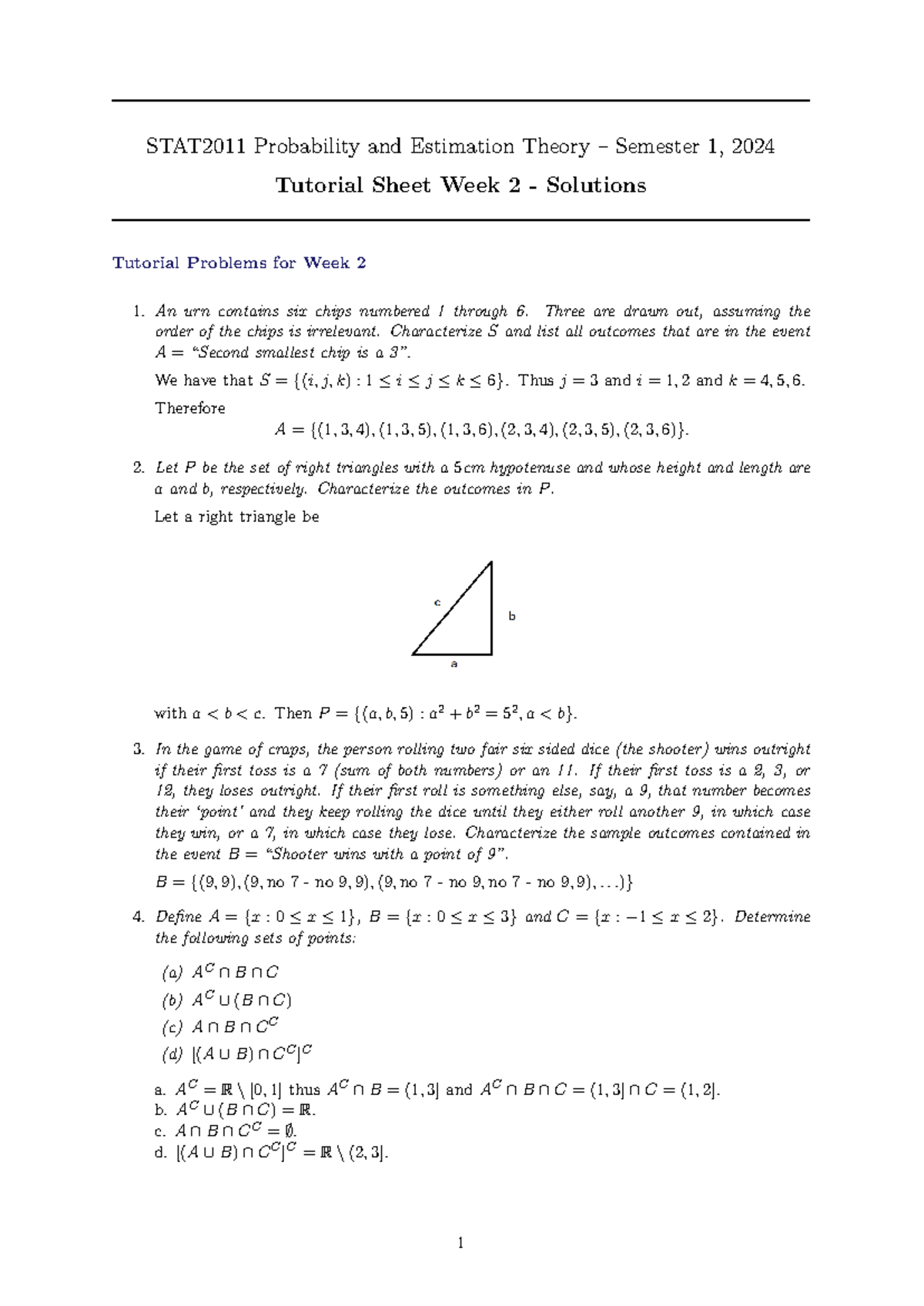 Tut02 sol - tute - STAT2011 Probability and Estimation Theory – Semester 1, 2024 Tutorial Sheet ...