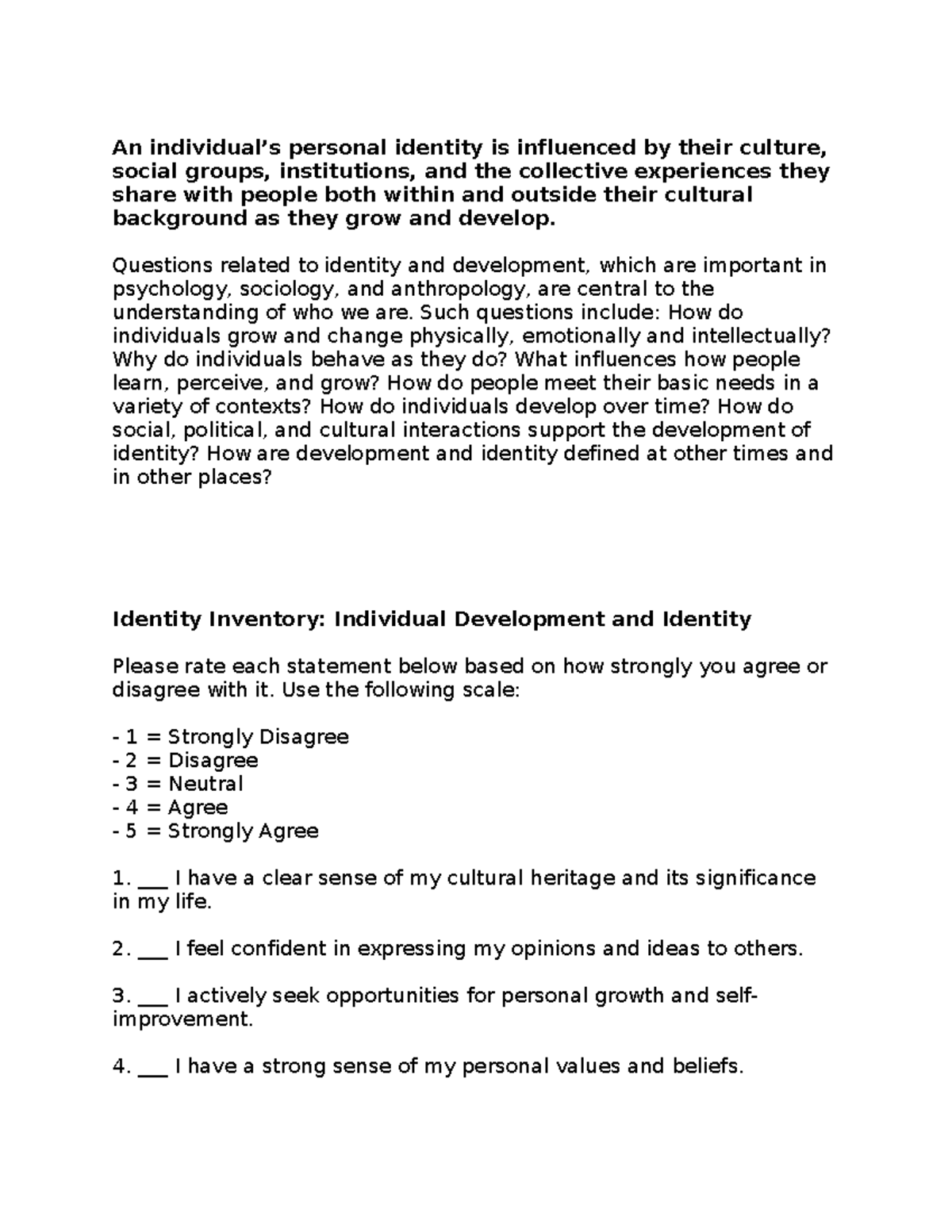 Identity Inventory - An individual’s personal identity is influenced by ...