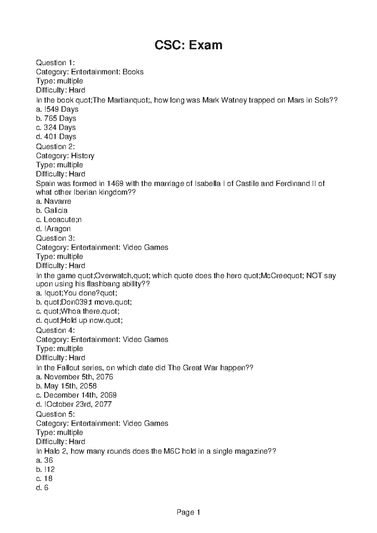 CSC106 Problem 1 - CSC: Exam Question 1: Category: Entertainment: Books ...