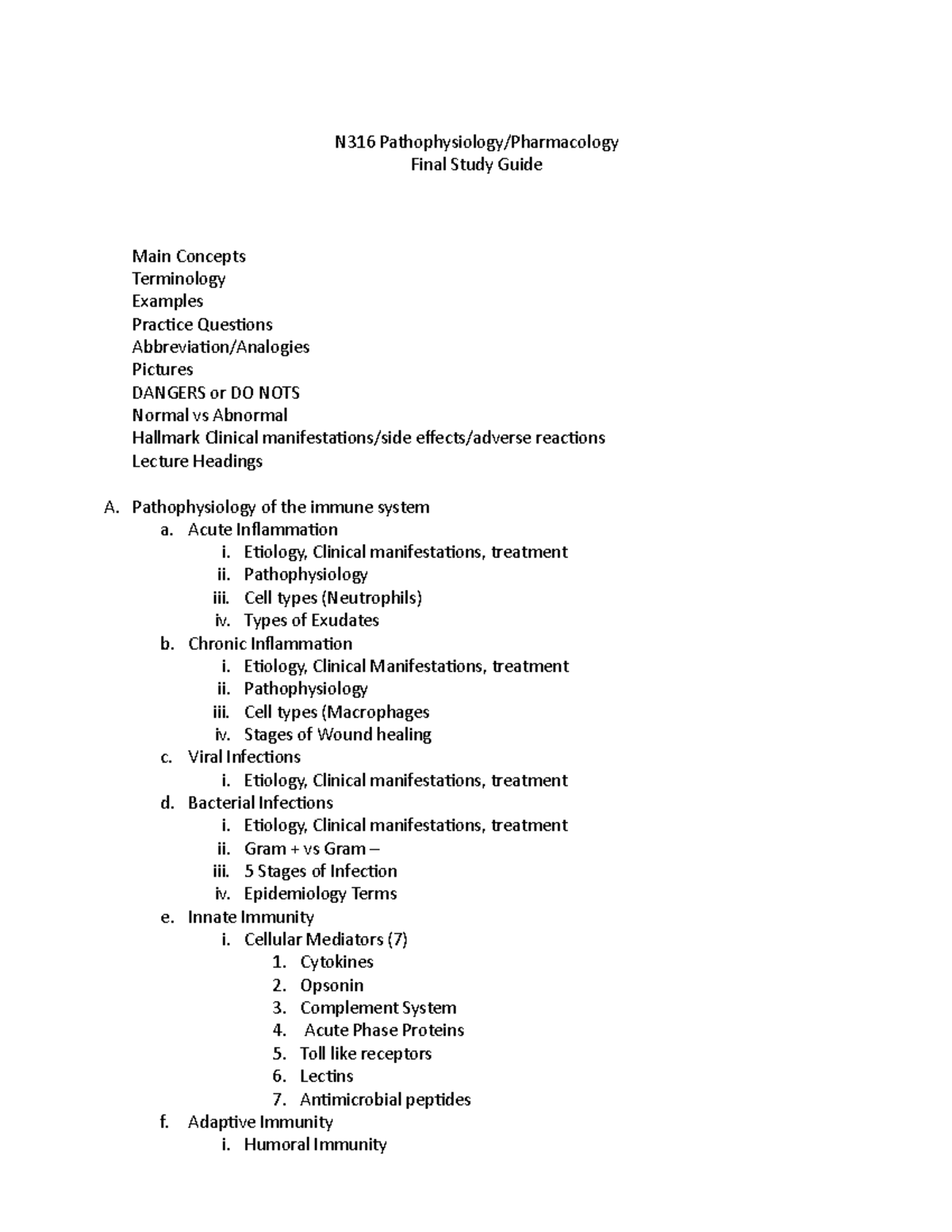 N316 Pathophysiology:Pharmacology Final Study Guide - N316 ...