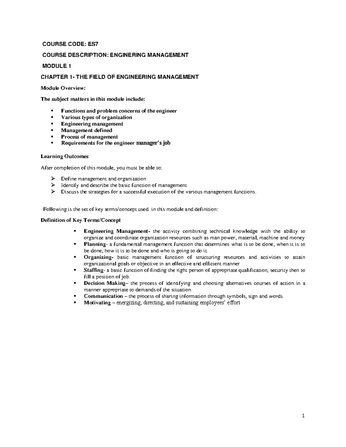 MOD-1-MGT - A quick guide - COURSE CODE: ES COURSE DESCRIPTION ...