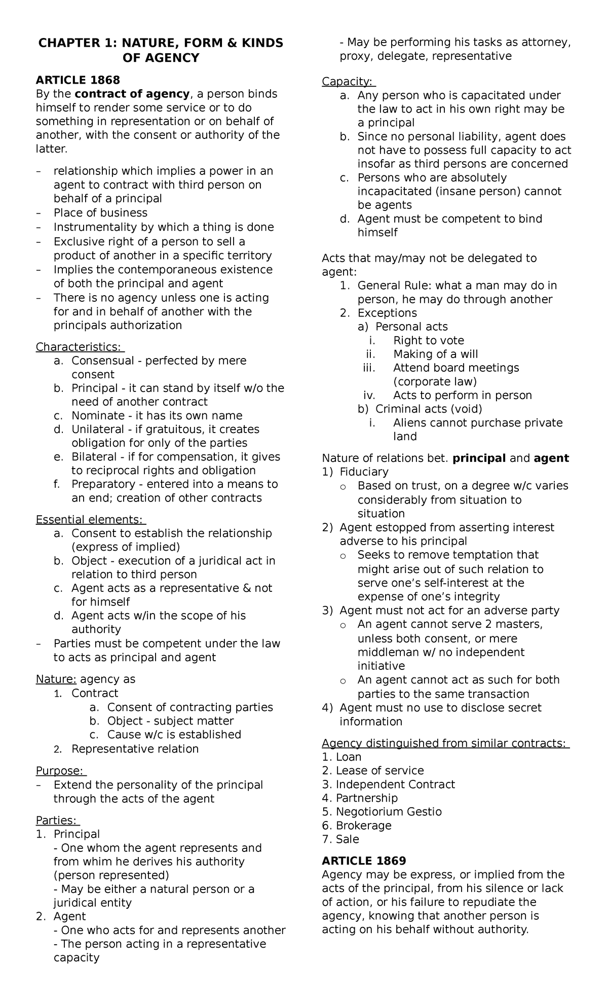 LAW- Notes - GOOD LUCK - CHAPTER 1: NATURE, FORM & KINDS OF AGENCY ...