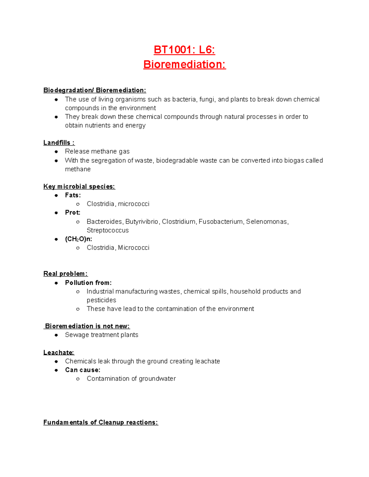 BT1001 L8 - lecture notes - BT1001: L6: Bioremediation: Biodegradation ...