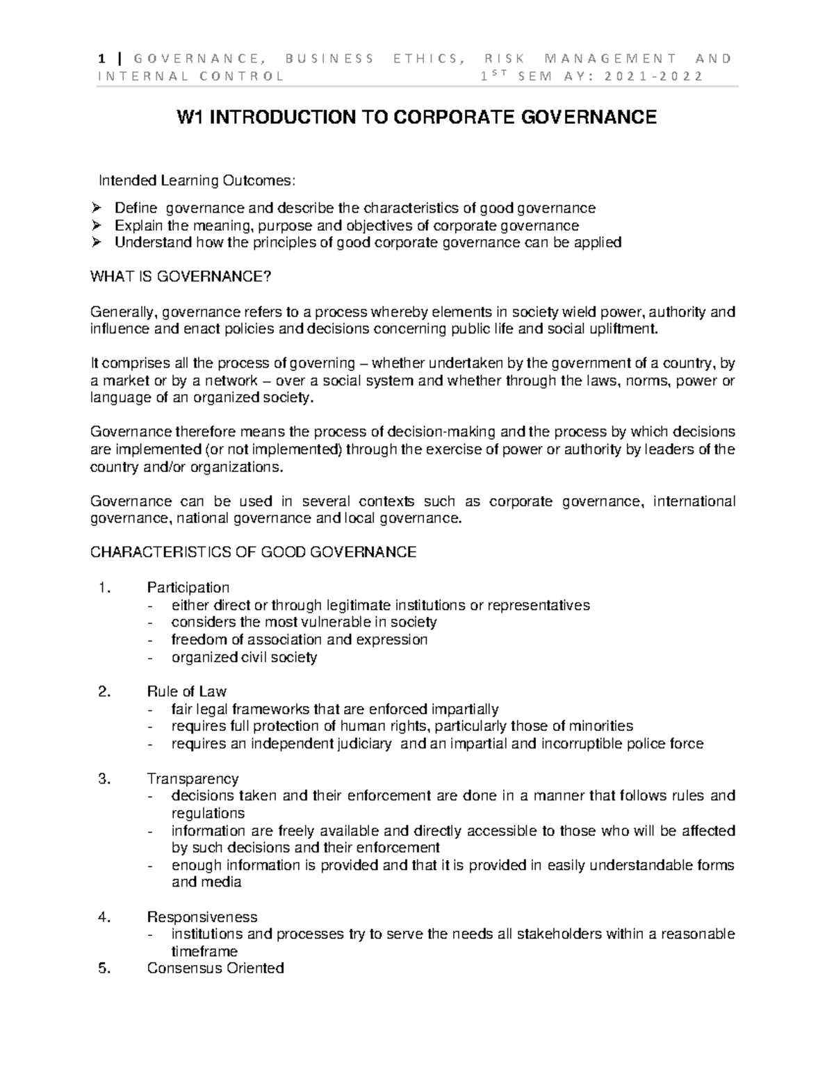 W1 Introduction TO Corporate Governance - I N T E R N A L C O N T R O L ...