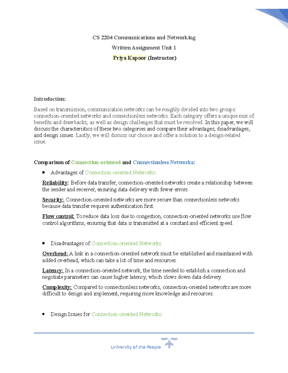 Unit 1 Written Assignment - CS 2204 Communications and Networking Written Assignment Unit 1 ...
