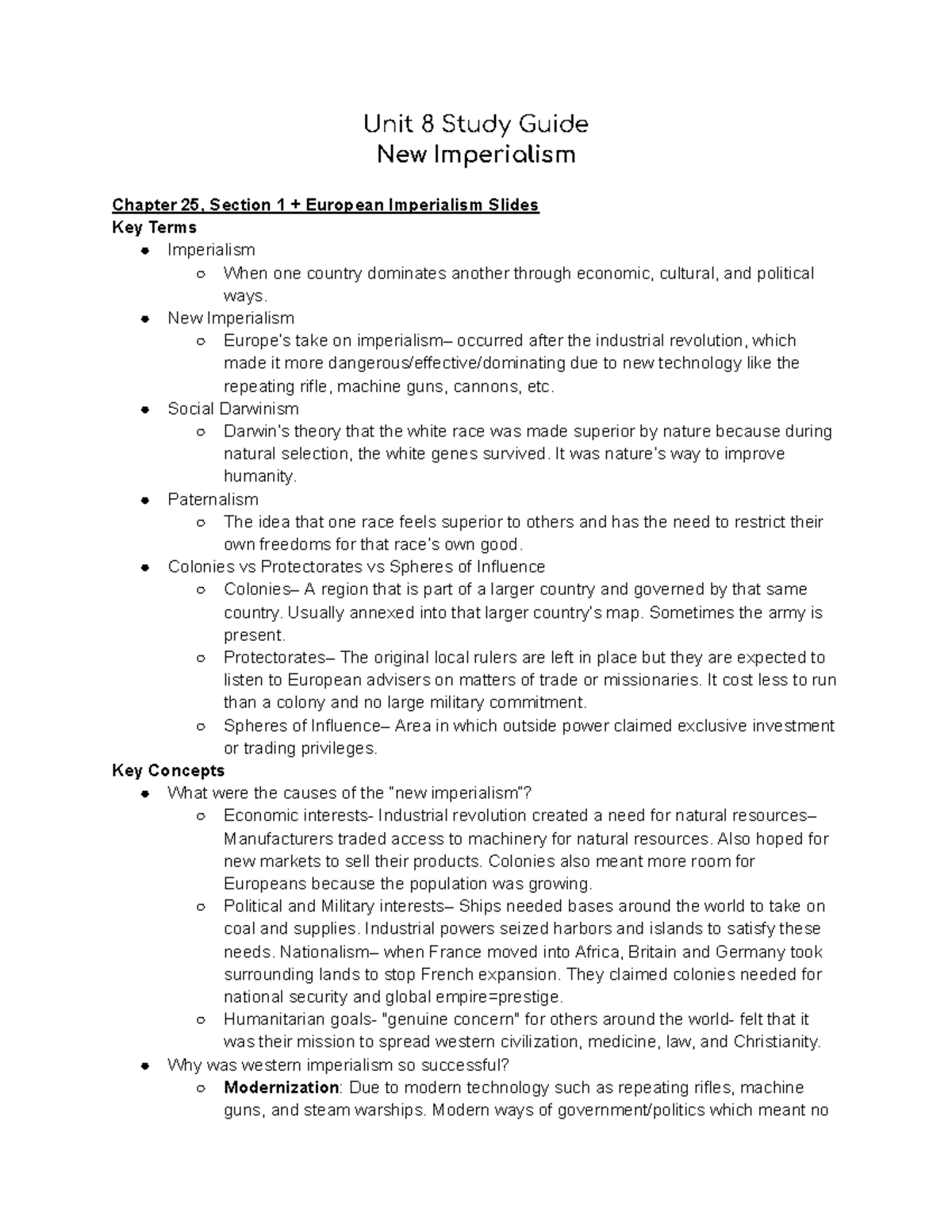 Copy of Unit 8 Study Guide - Unit 8 Study Guide New Imperialism Chapter ...