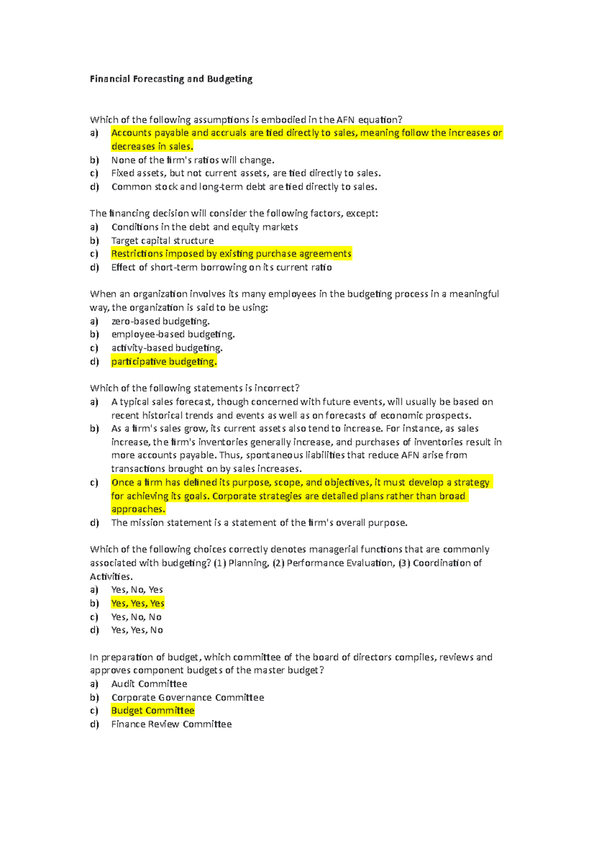 QUIZ 3 Financial Forecasting and Budgeting - Financial Forecasting and ...