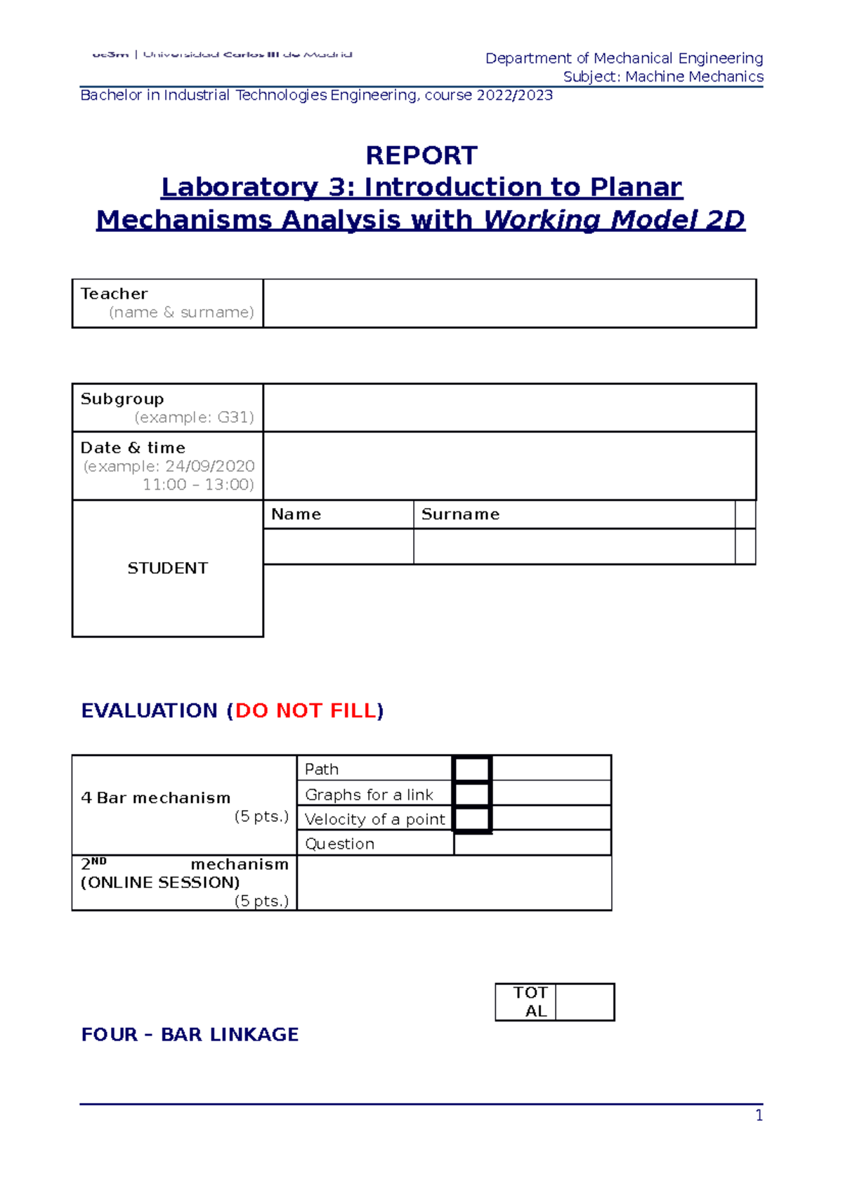 Lab 3 Introduction Planar Mechanisms Report - Subject: Machine ...