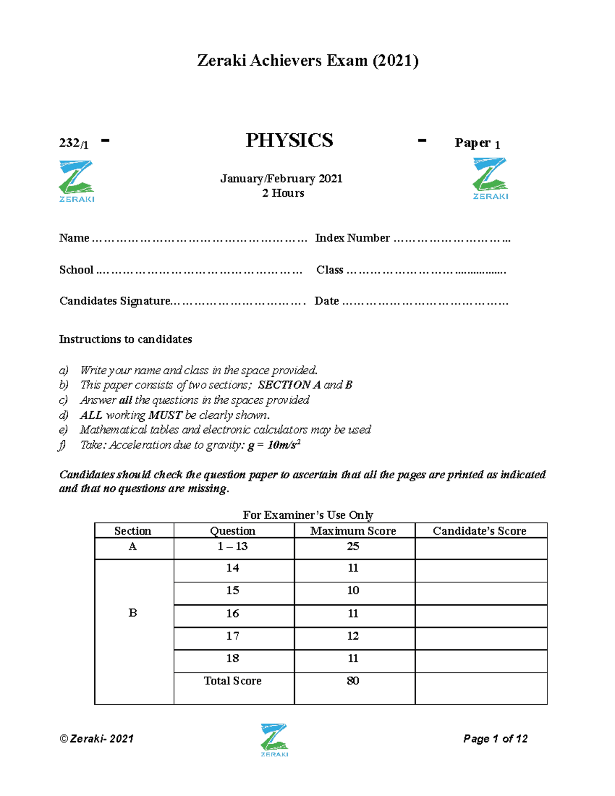 Physics Form 3 Paper 1 - Zeraki Achievers Exam (2021) 232 /1 - PHYSICS ...