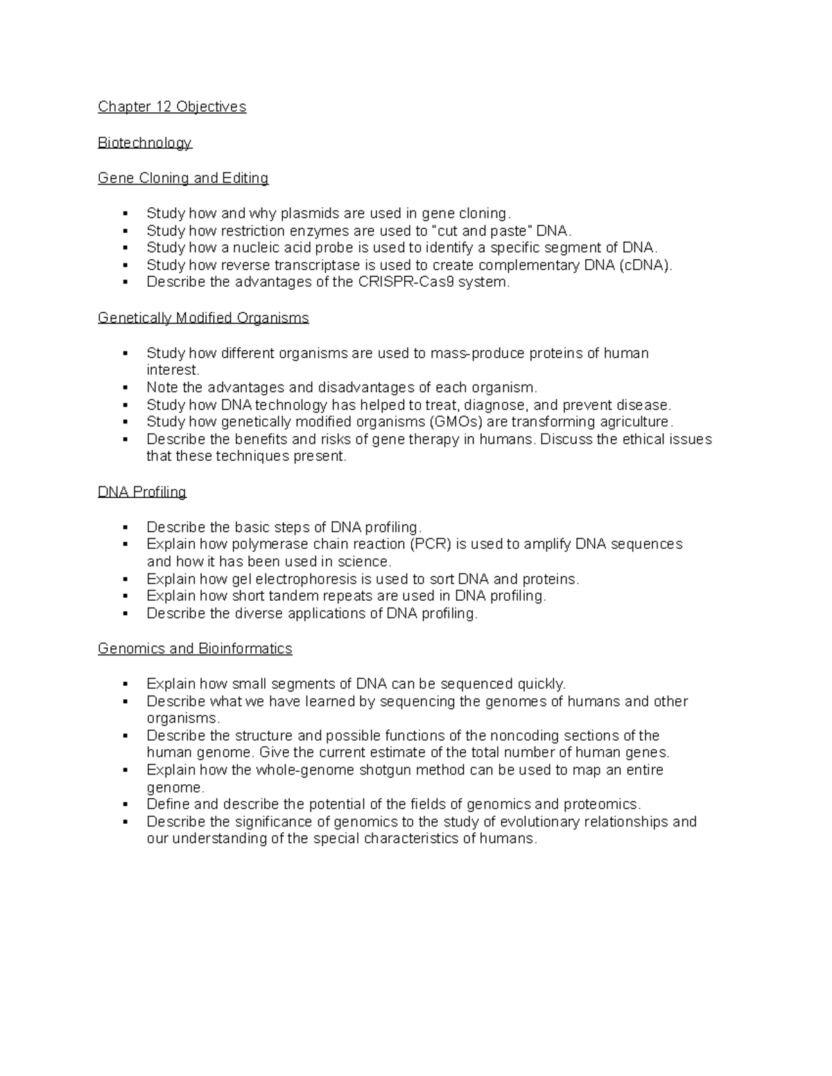 Chapter 12 Objectives - Chapter 12 Objectives Biotechnology Gene ...