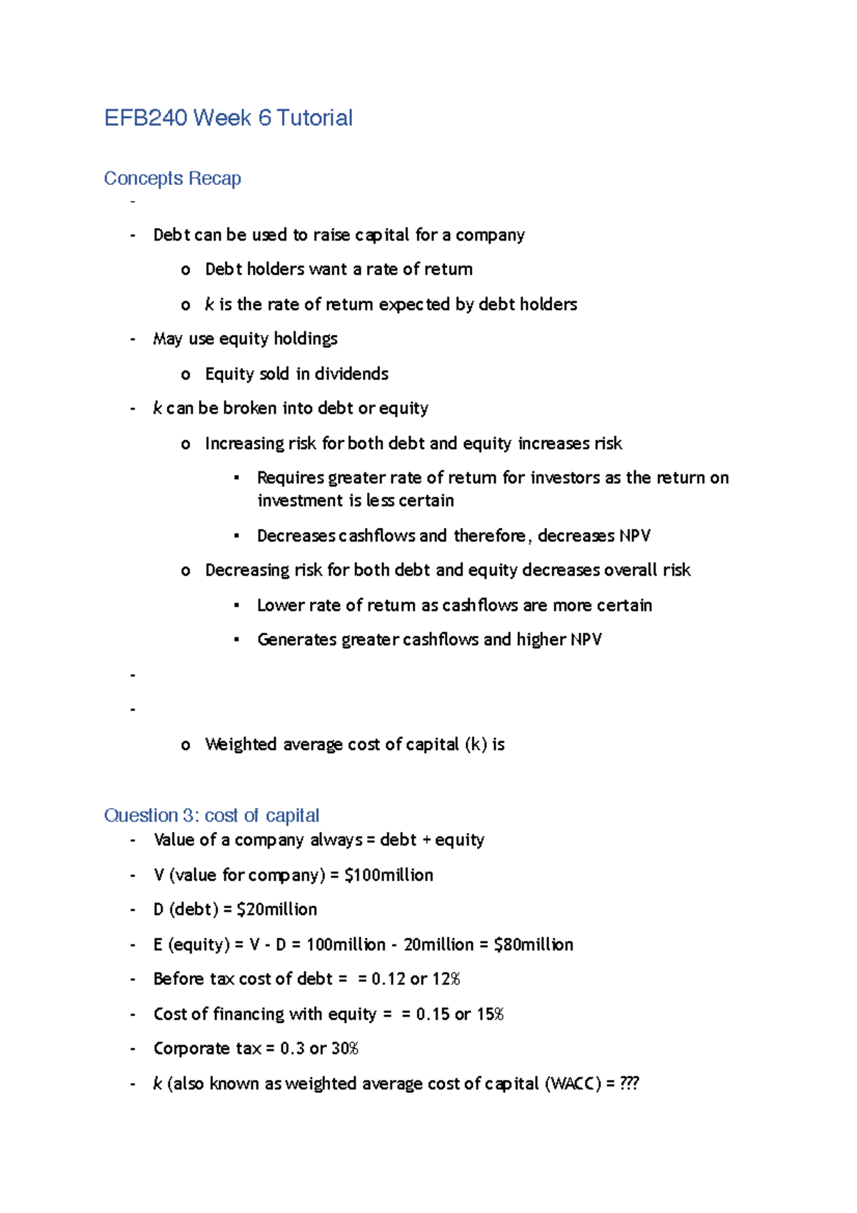 Finance Tutorial 5 PDF - EFB240 Week 6 Tutorial Concepts Recap Debt can ...